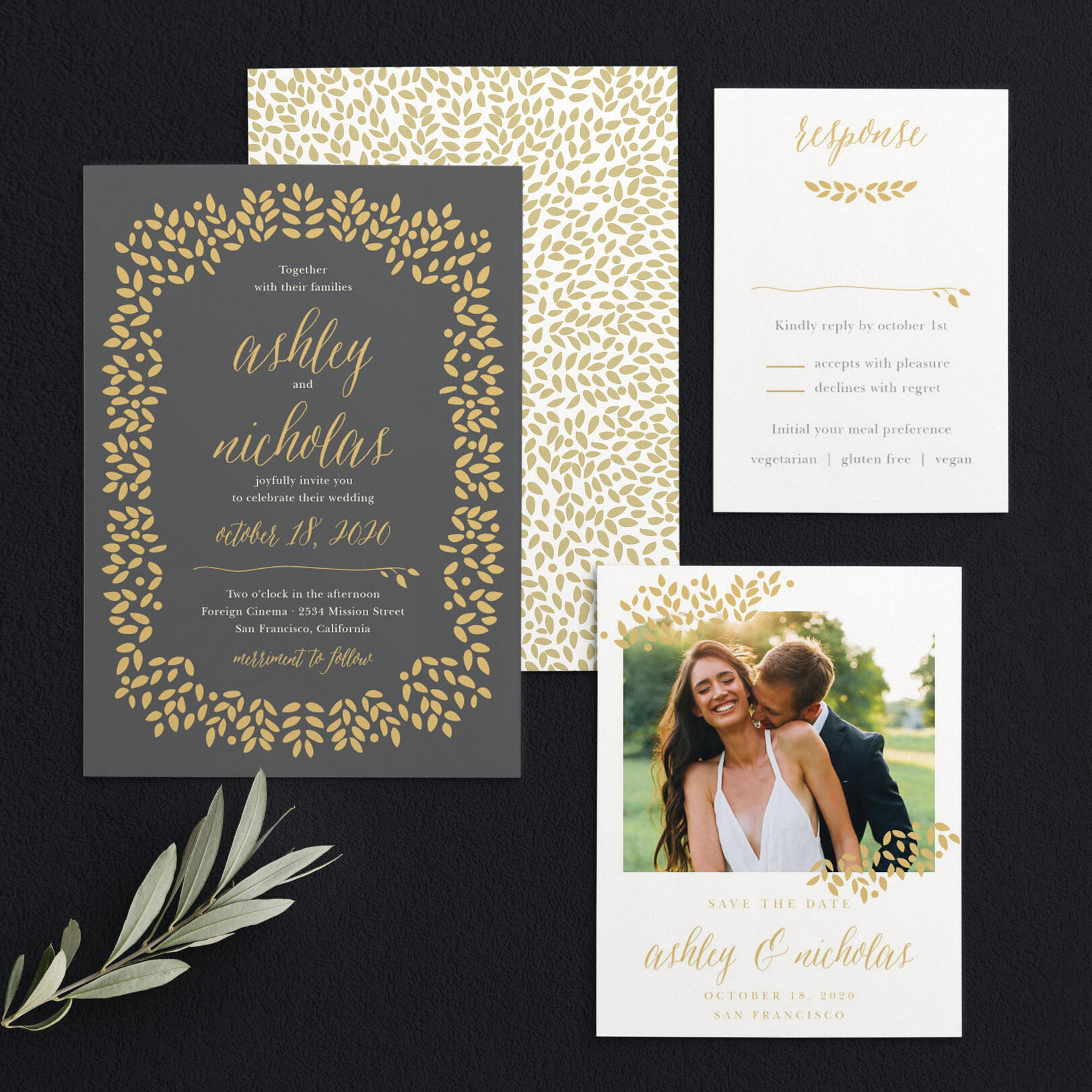 Blushing Leaves Foil Wedding Invitations by Basic Invite