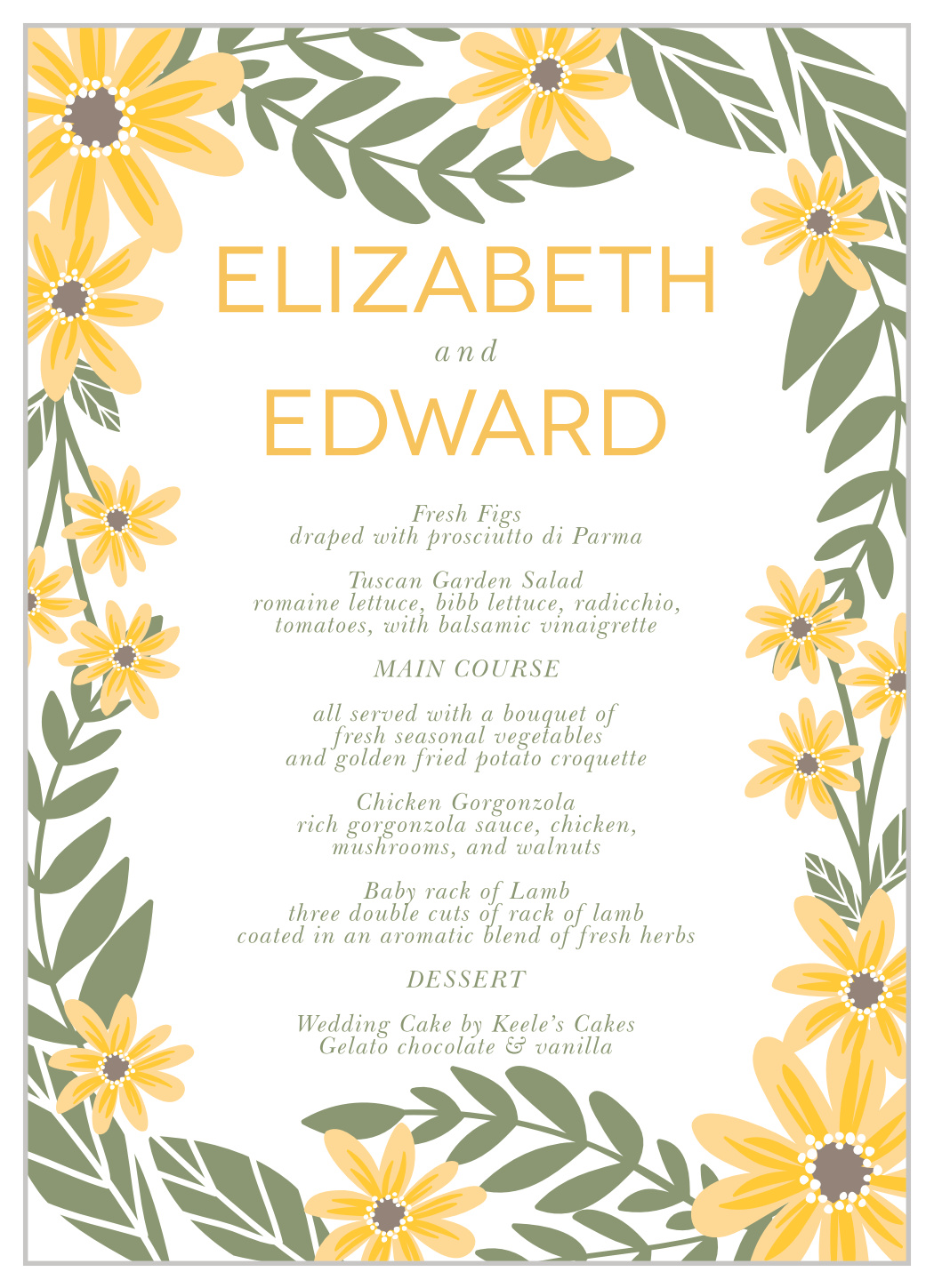 Sunny Flowers Wedding Menus by Basic Invite