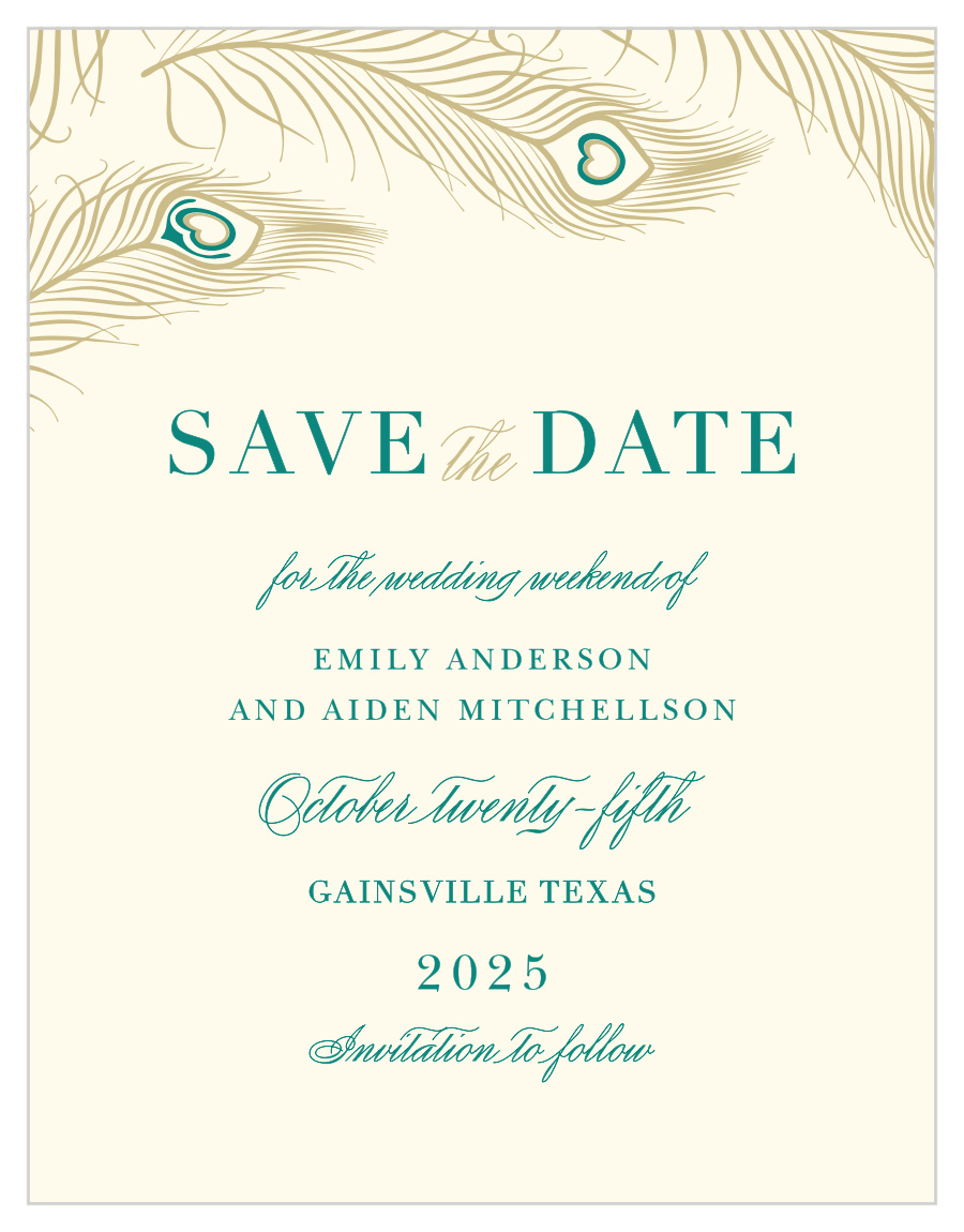 Peacock Feather Save the Date Cards by Basic Invite
