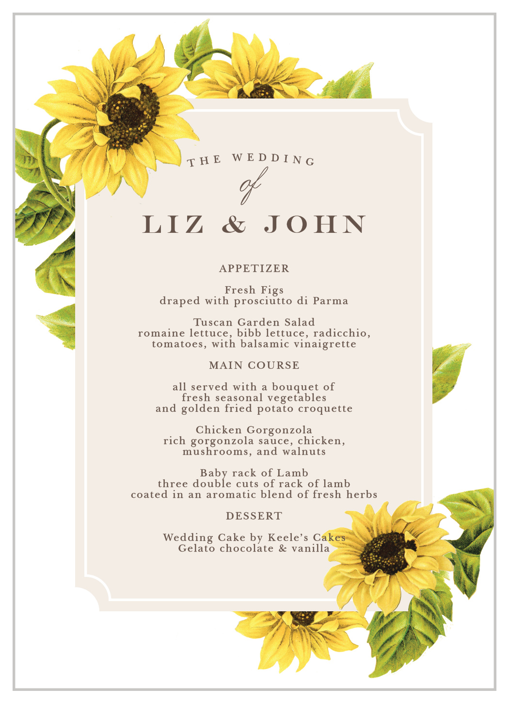Sunflower Frame Wedding Menus by Basic Invite