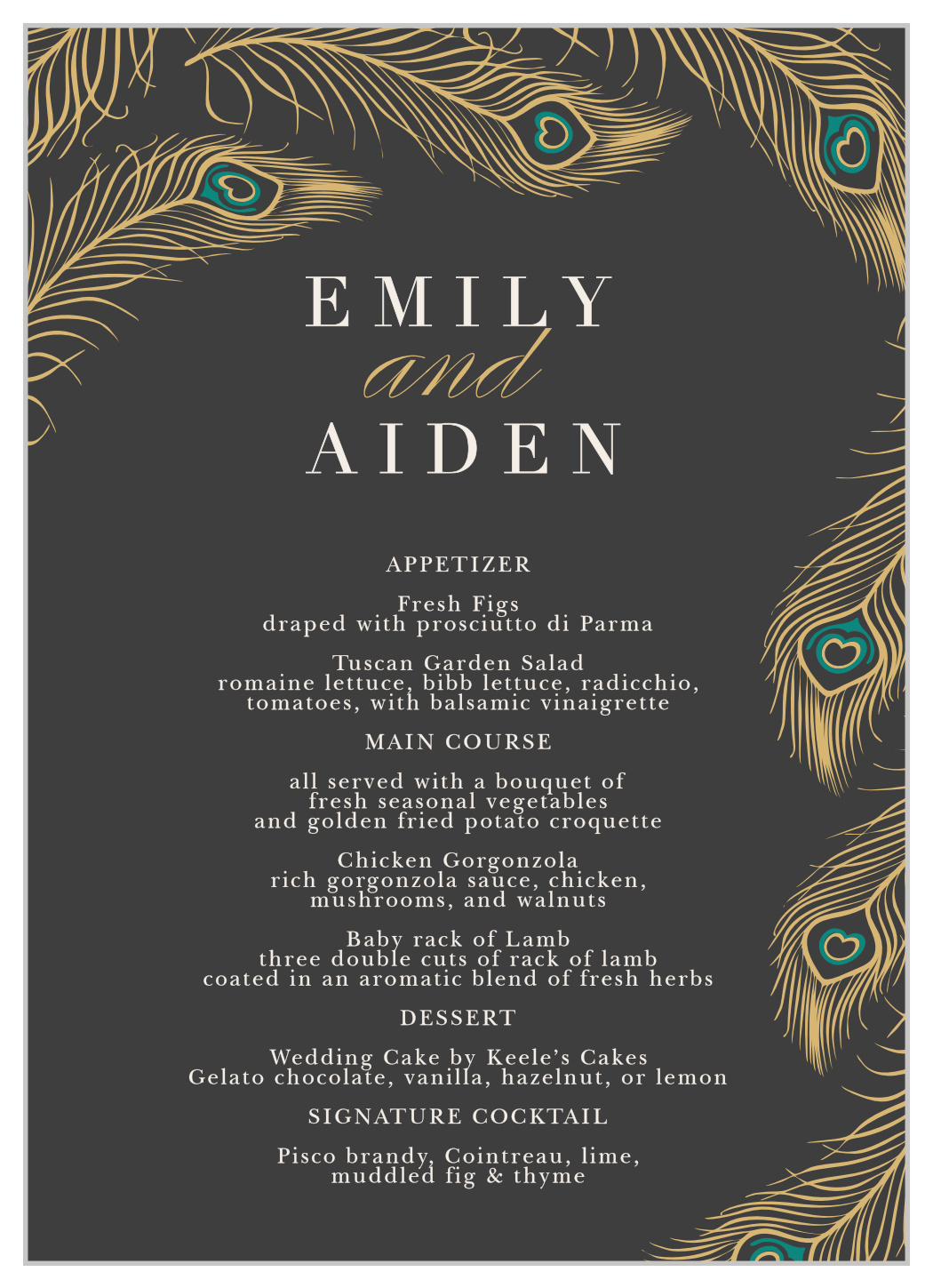Peacock Feather Foil Wedding Menus by Basic Invite