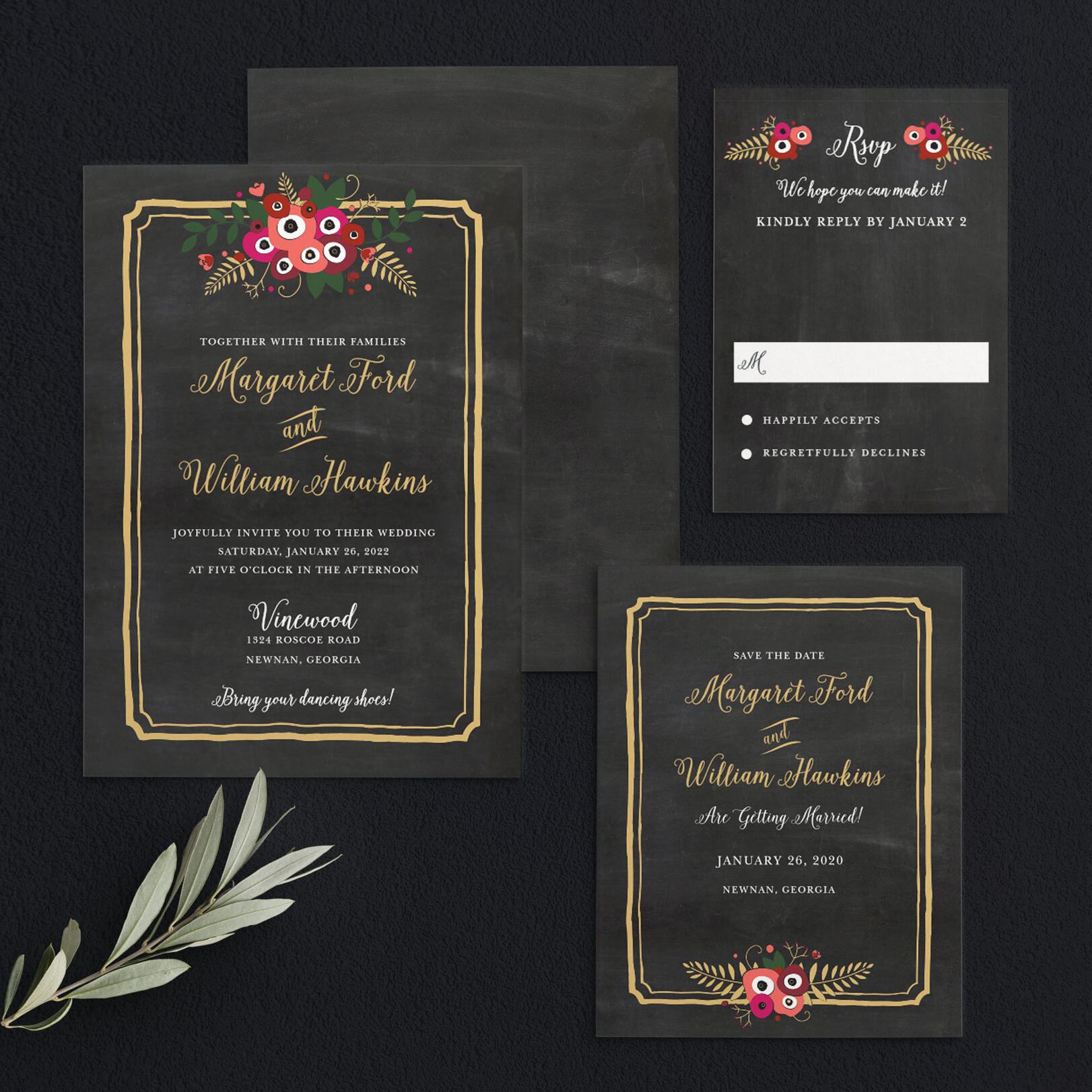 Chalkboard Blossom Foil Response Cards by Basic Invite