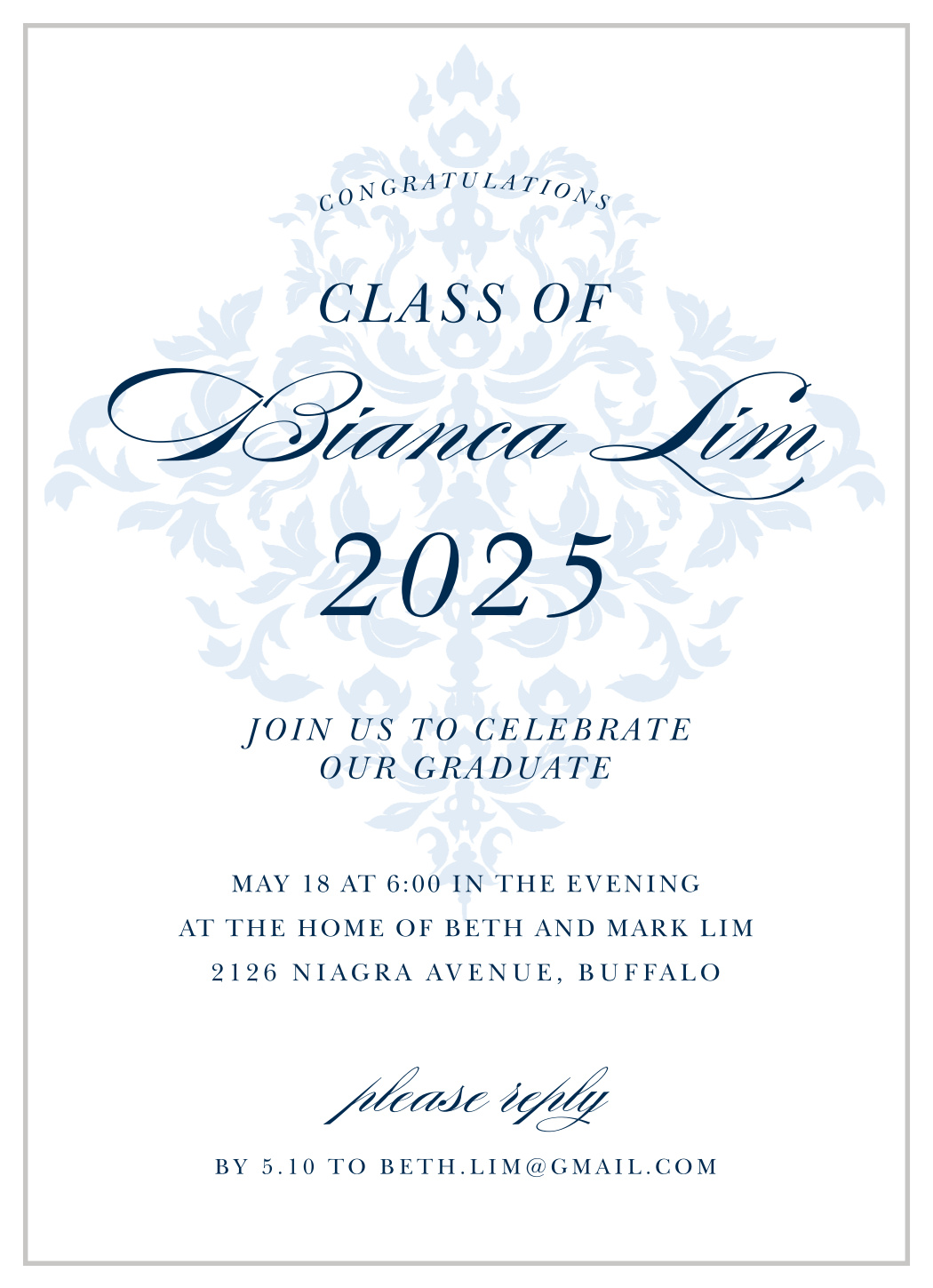 Elegant Damask Graduation Invitations by BasicInvite.com