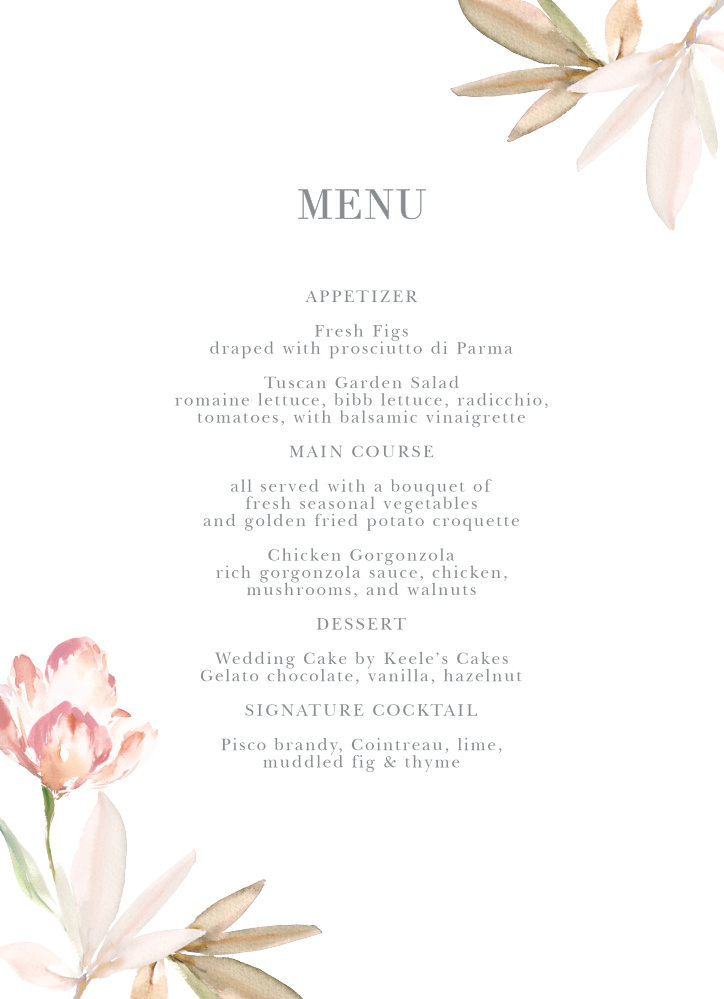 Darling Watercolor Wedding Menus by Basic Invite