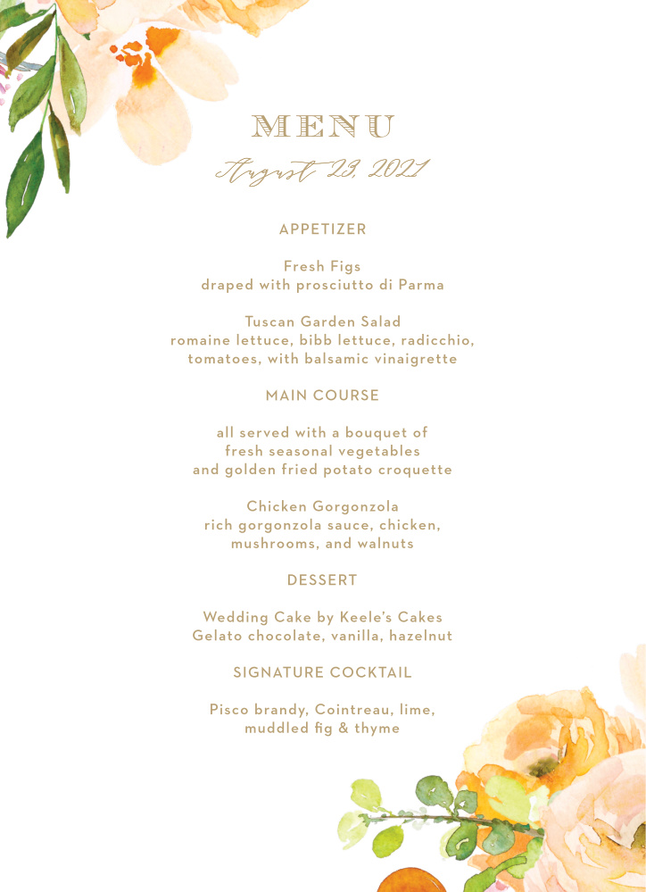 Peachy Flowers Wedding Menus by Basic Invite