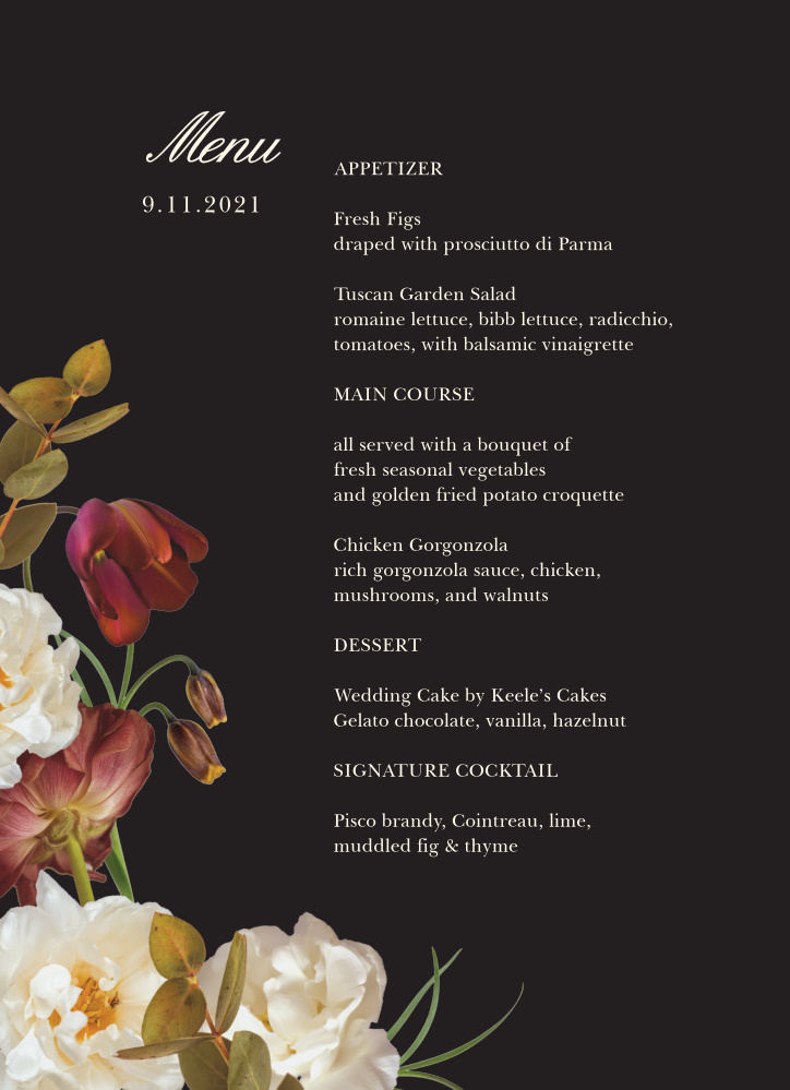 Romantic Flowers Wedding Menus by Basic Invite