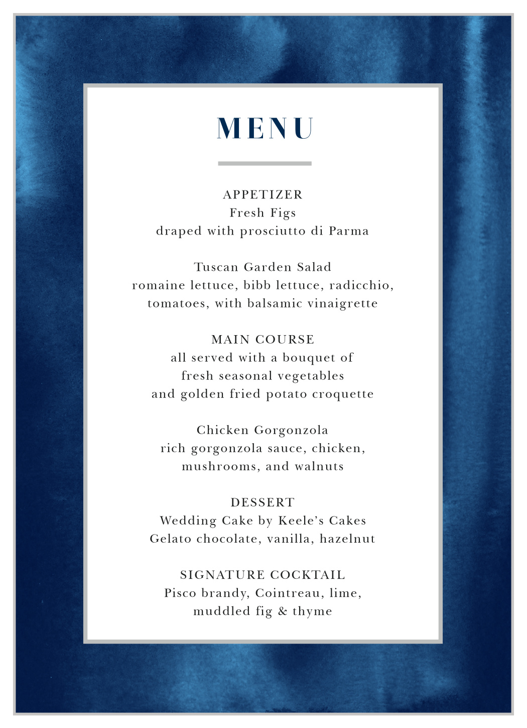 Indigo Watercolor Wedding Menus by Basic Invite
