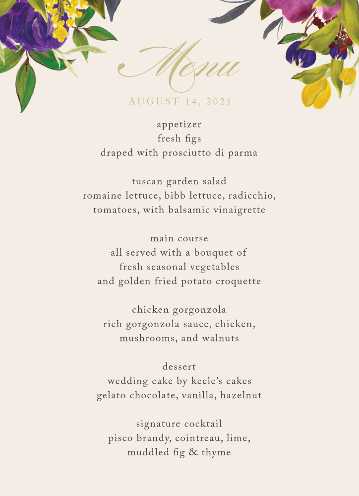 Regal Arrangement Wedding Menus by Basic Invite