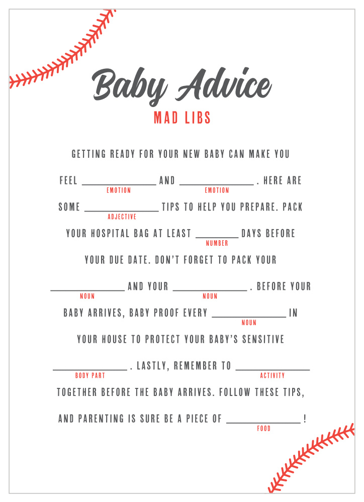 Baseball Baby Baby Shower Mad Libs by Basic Invite