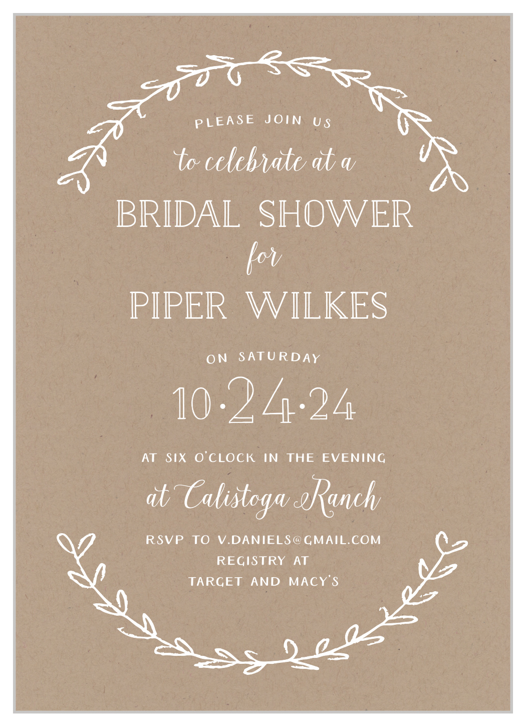 Rustic Laurel Bridal Shower Invitations by Basic Invite