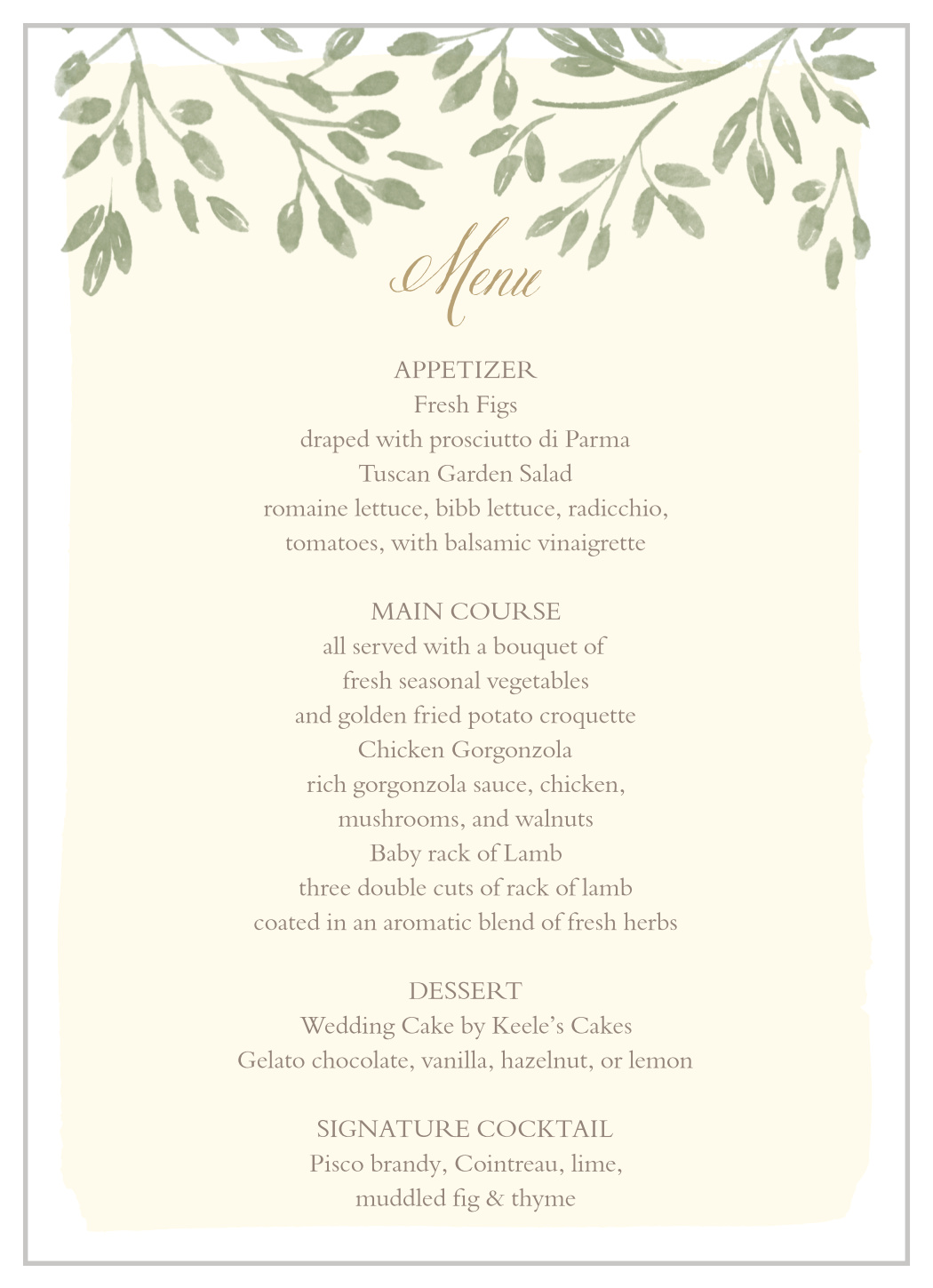 Vines & Leaves Wedding Menus by Basic Invite