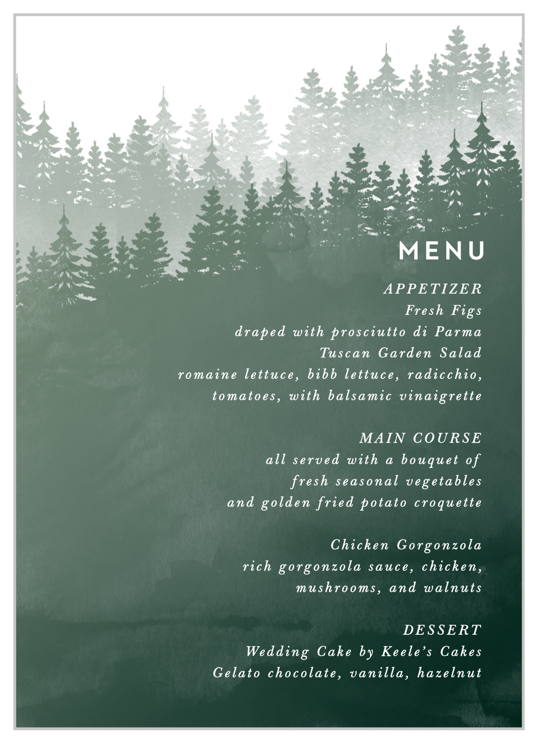 Forest Watercolor Wedding Menus by Basic Invite