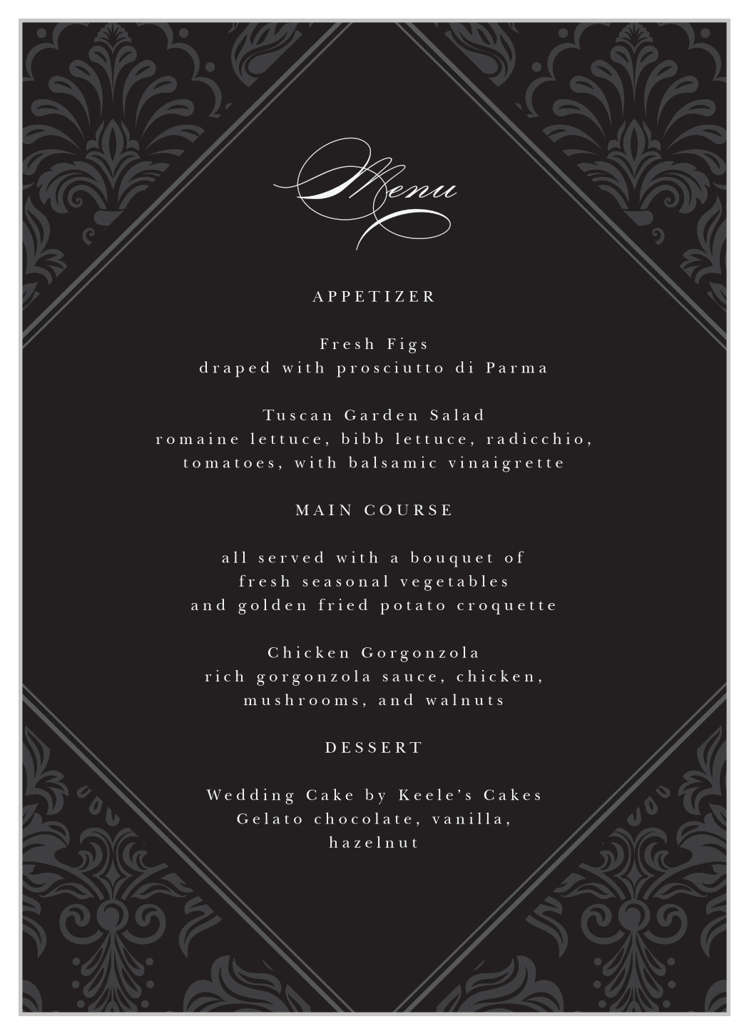 Formal Damask Wedding Menus by Basic Invite