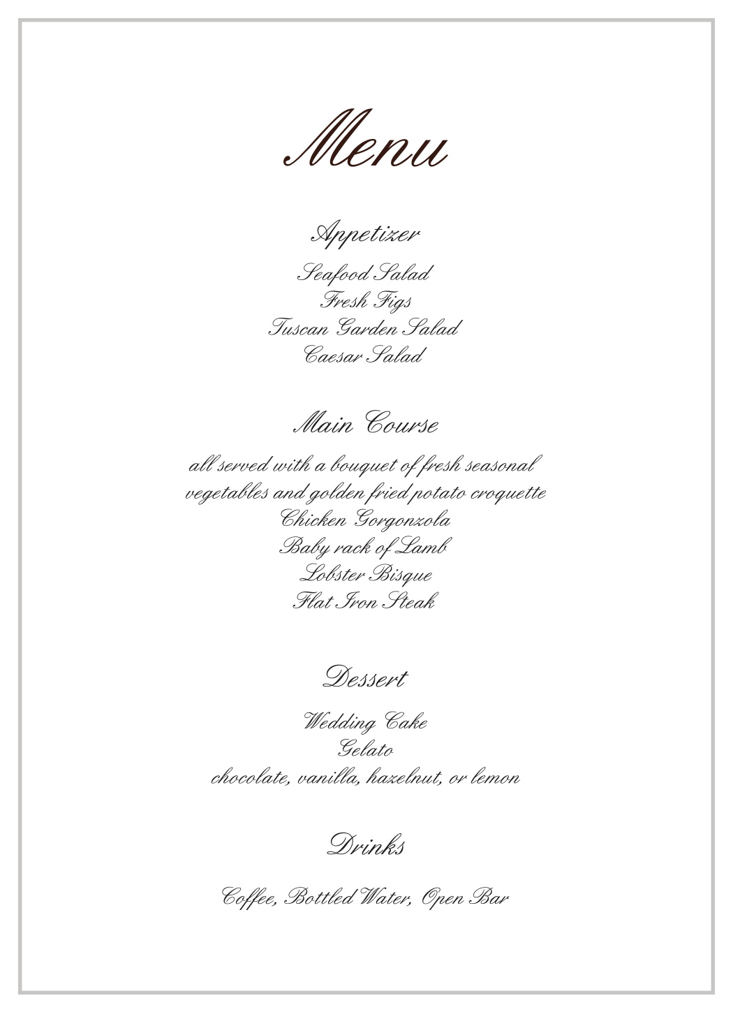 Simple Luxury Wedding Menu