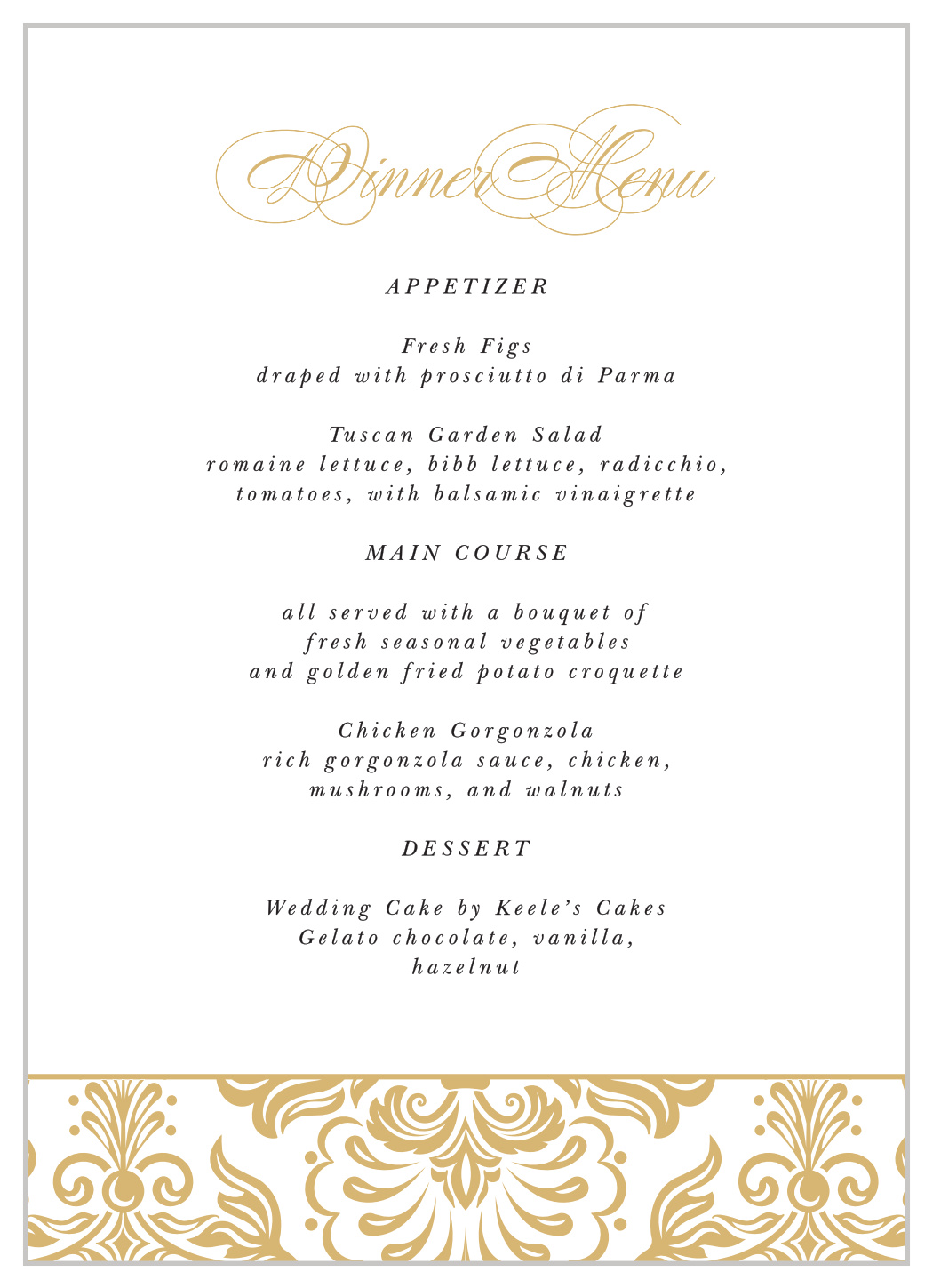 Elegant Damask Wedding Menus by Basic Invite