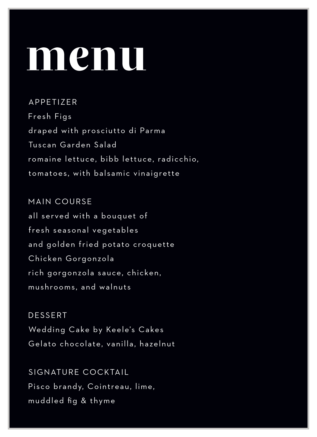 Chic Editorial Wedding Menus by Basic Invite