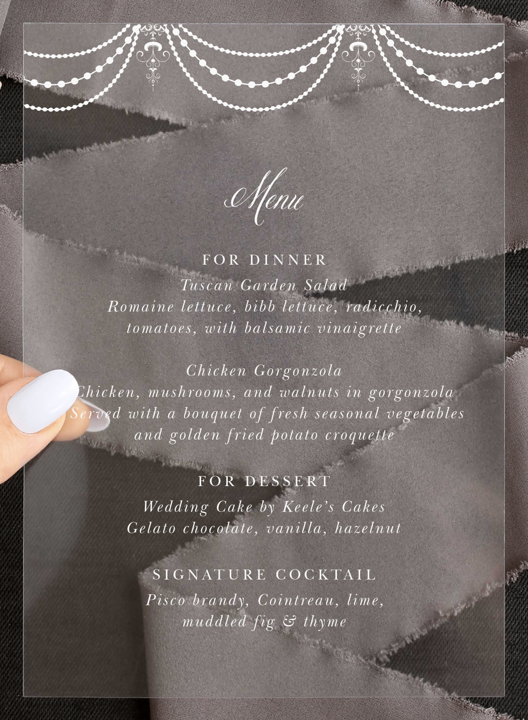 Elegant Chandelier Clear Wedding Menus by Basic Invite