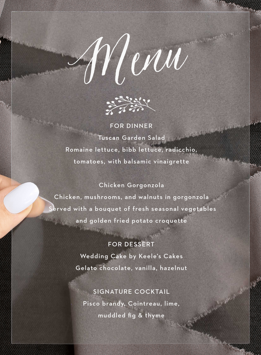 Floral Calligraphy Clear Wedding Menus by Basic Invite