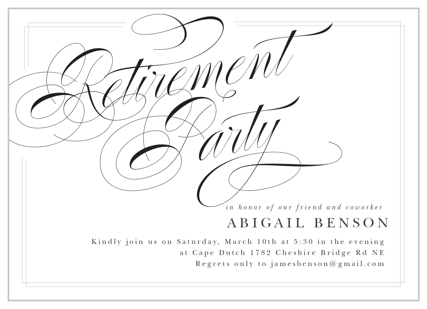 Elegant Calligraphy Retirement Invitations by BasicInvite.com