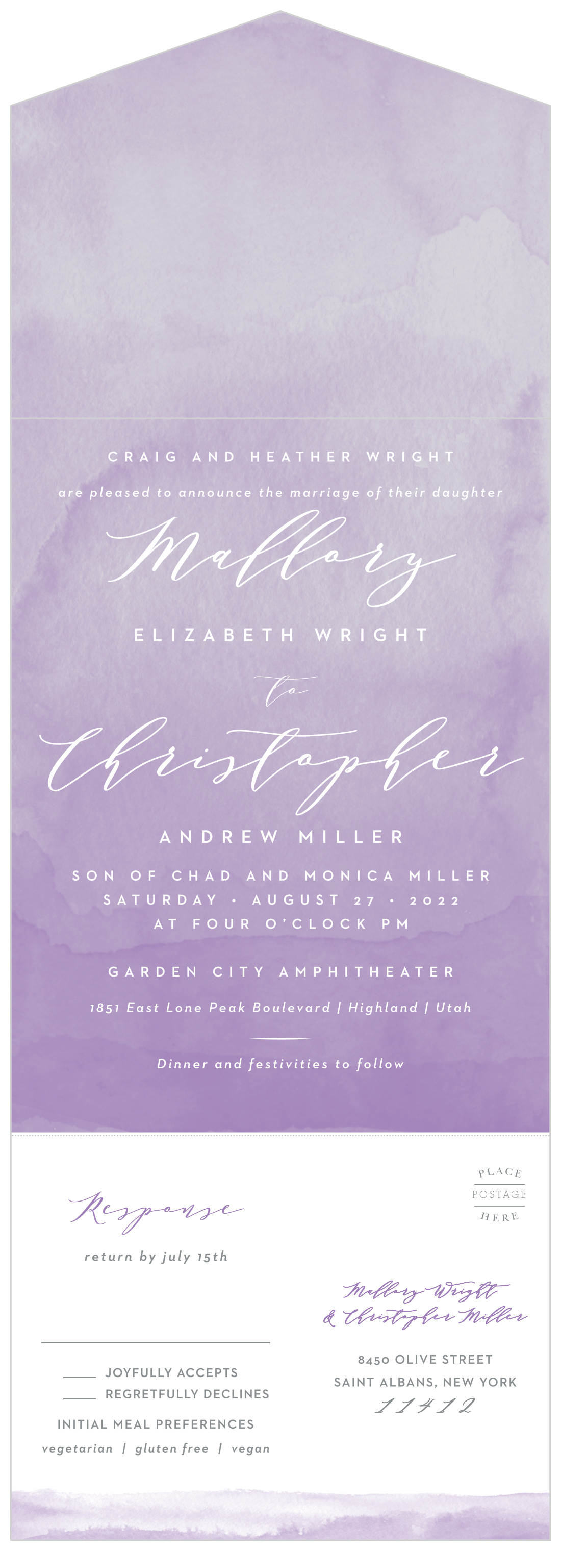 Lavender Dip Dye Seal & Send Wedding Invitations by Basic Invite