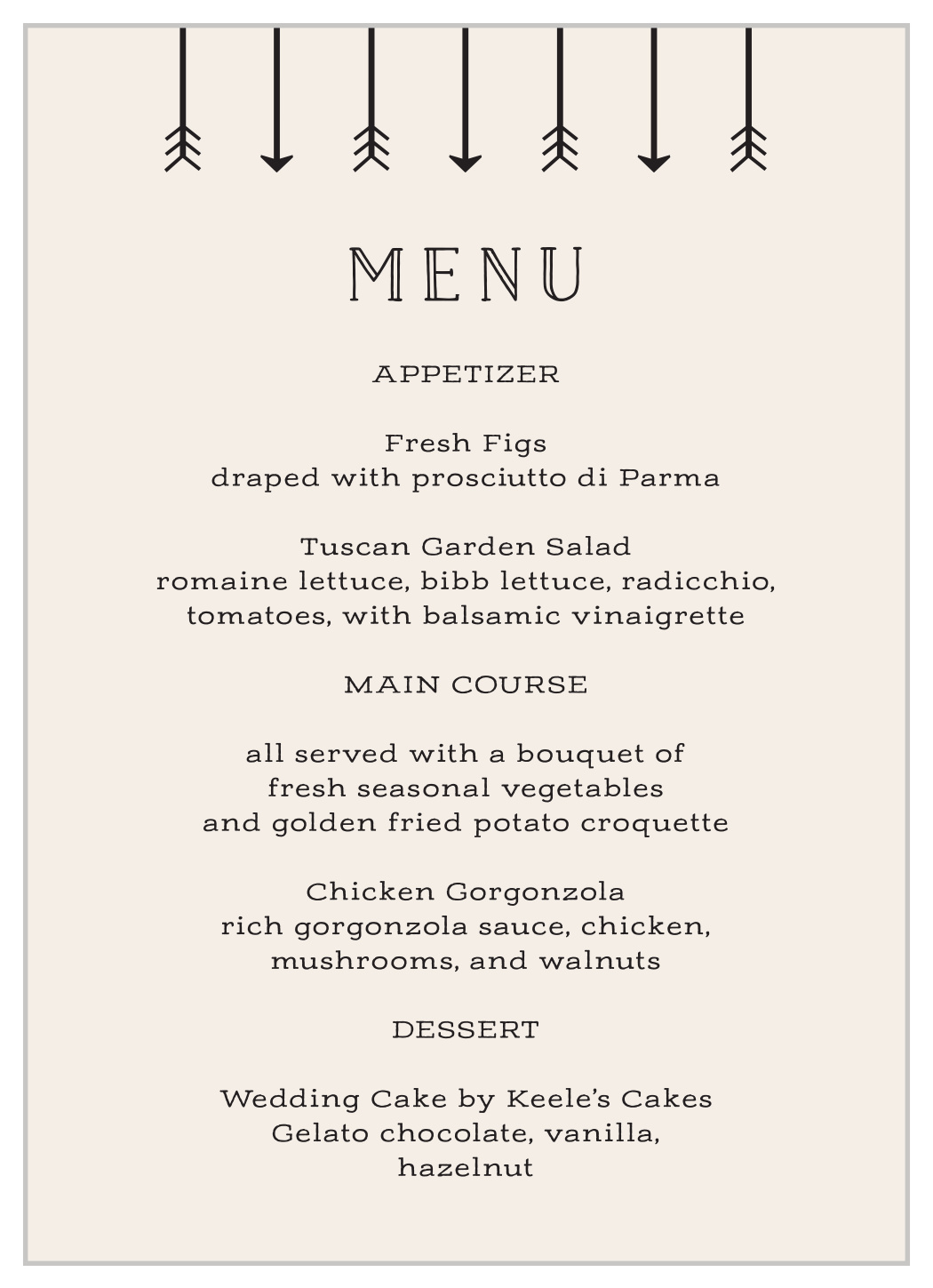Overlapping Arrows Wedding Menus by Basic Invite