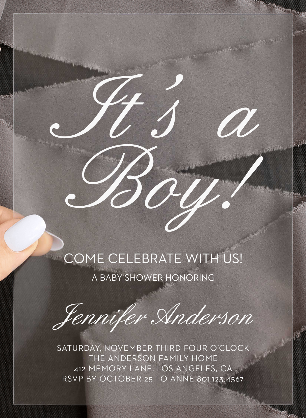 Royal Script Boy Clear Baby Shower Invitations by Basic Invite