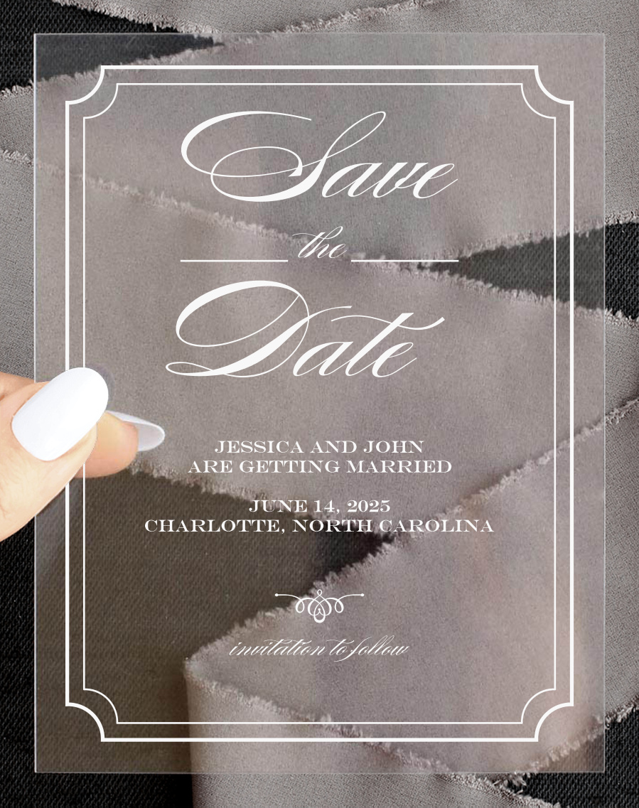 Ornate Calligraphy Clear Save the Date Cards by Basic Invite
