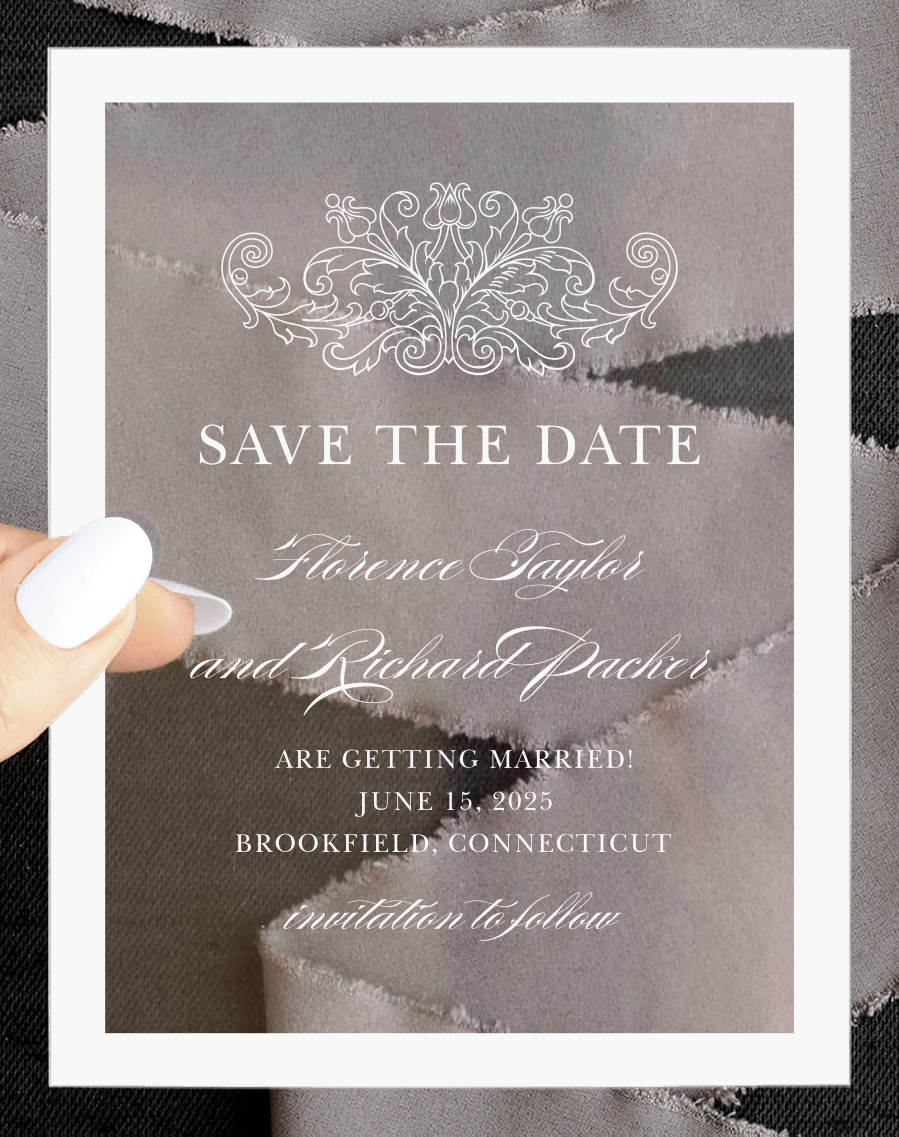 Classic Damask Clear Save the Date Cards by Basic Invite