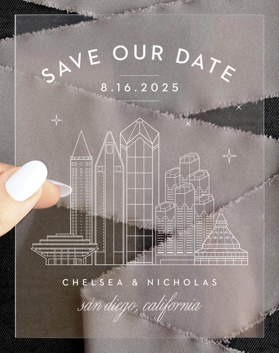 San Diego Skyline Clear Save the Date Cards by Basic Invite
