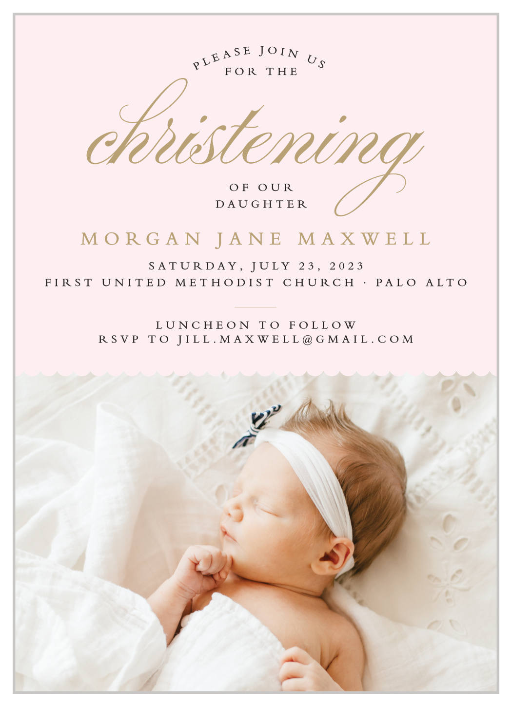 Scallops and Script Girl Christening Invitations by Basic Invite