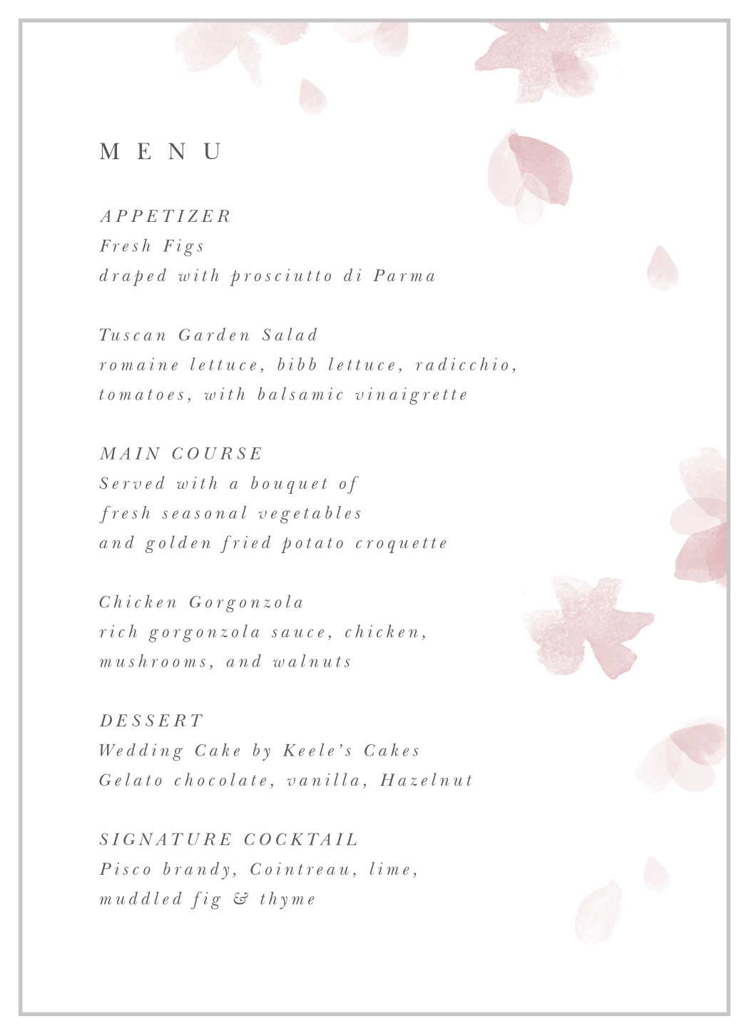 Falling Petals Wedding Menus by Basic Invite