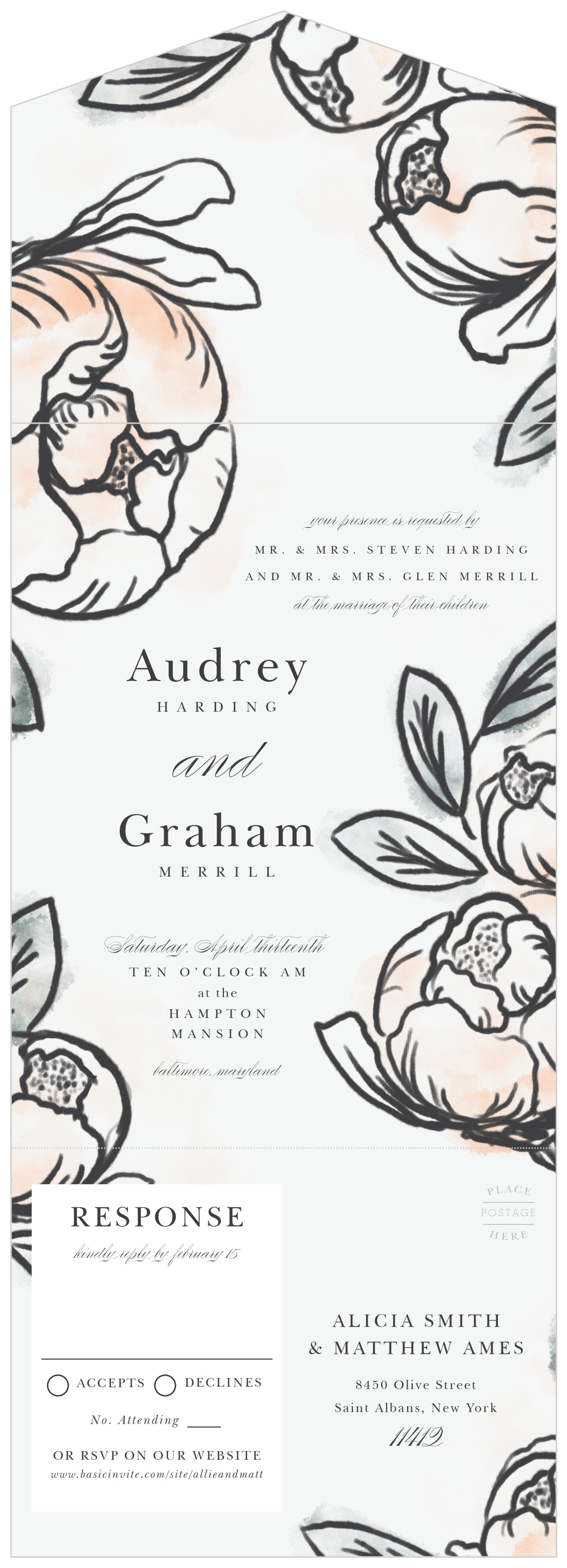 Peony Sketch Seal & Send Wedding Invitations by Basic Invite