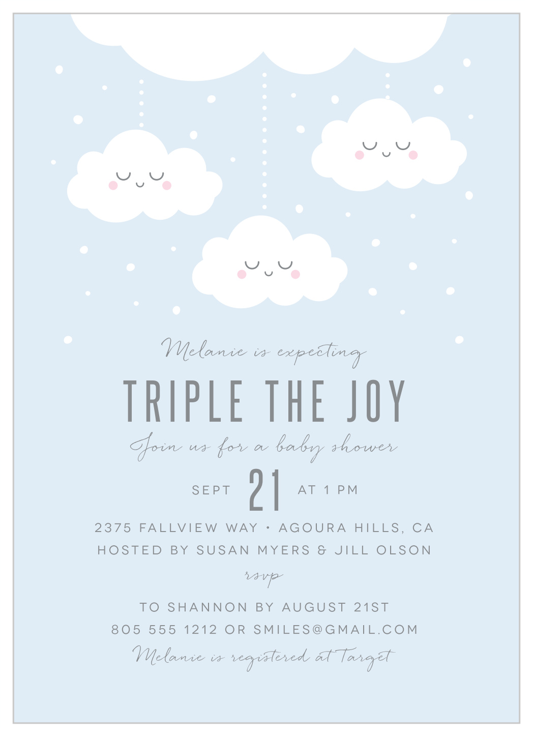 Cloud Triplets Baby Shower Invitations by Basic Invite