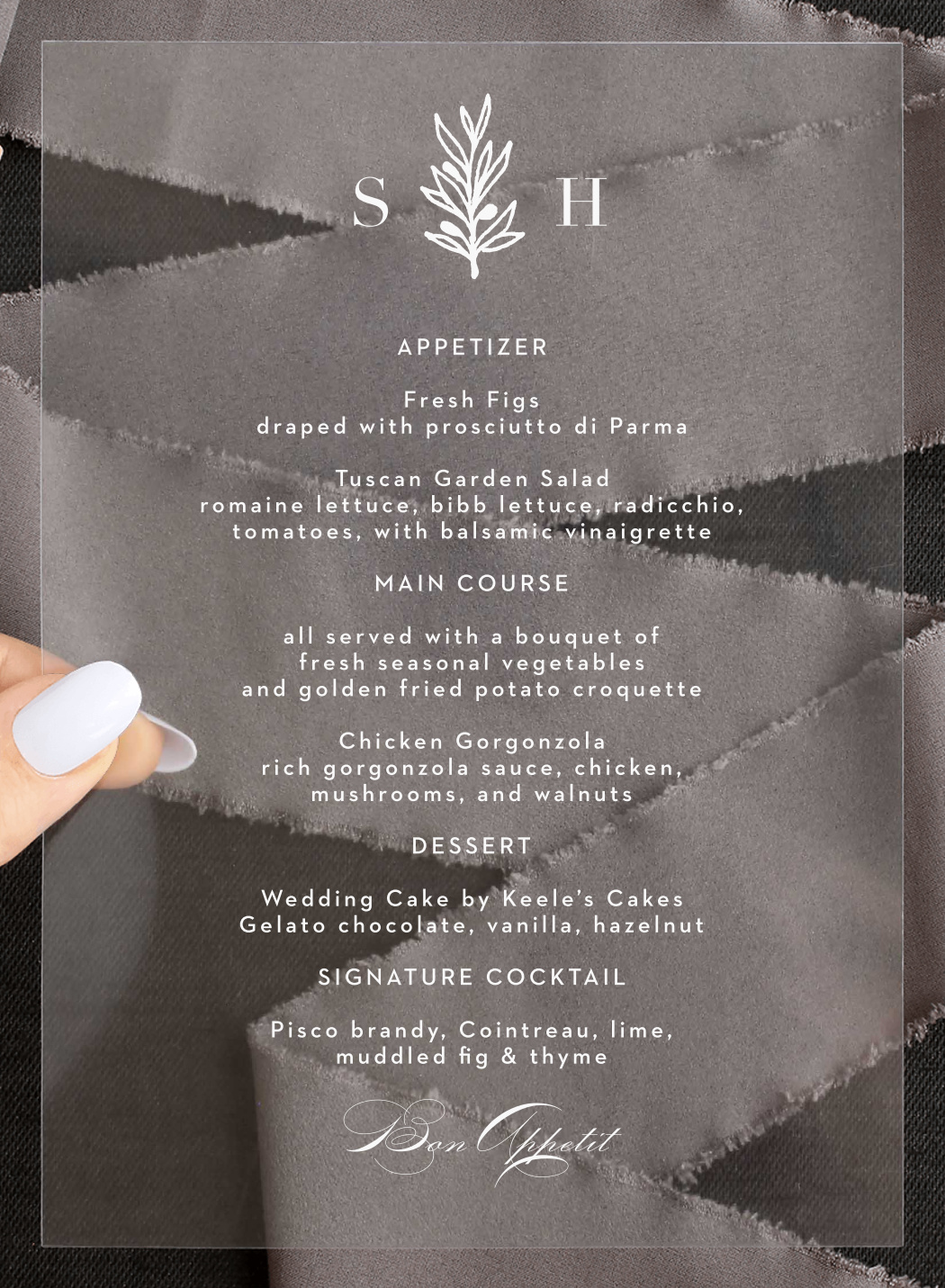 Monogram Sprig Clear Wedding Menus by Basic Invite