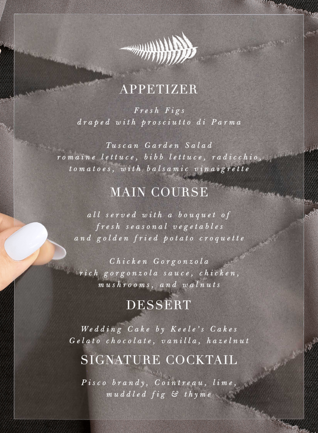 Love Fern Clear Wedding Menus by Basic Invite