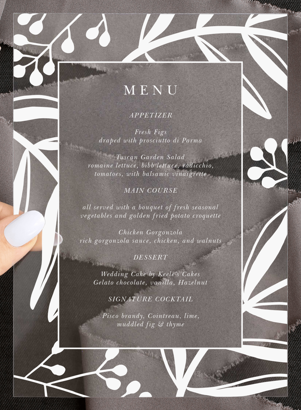 Stamped Foliage Clear Wedding Menus by Basic Invite