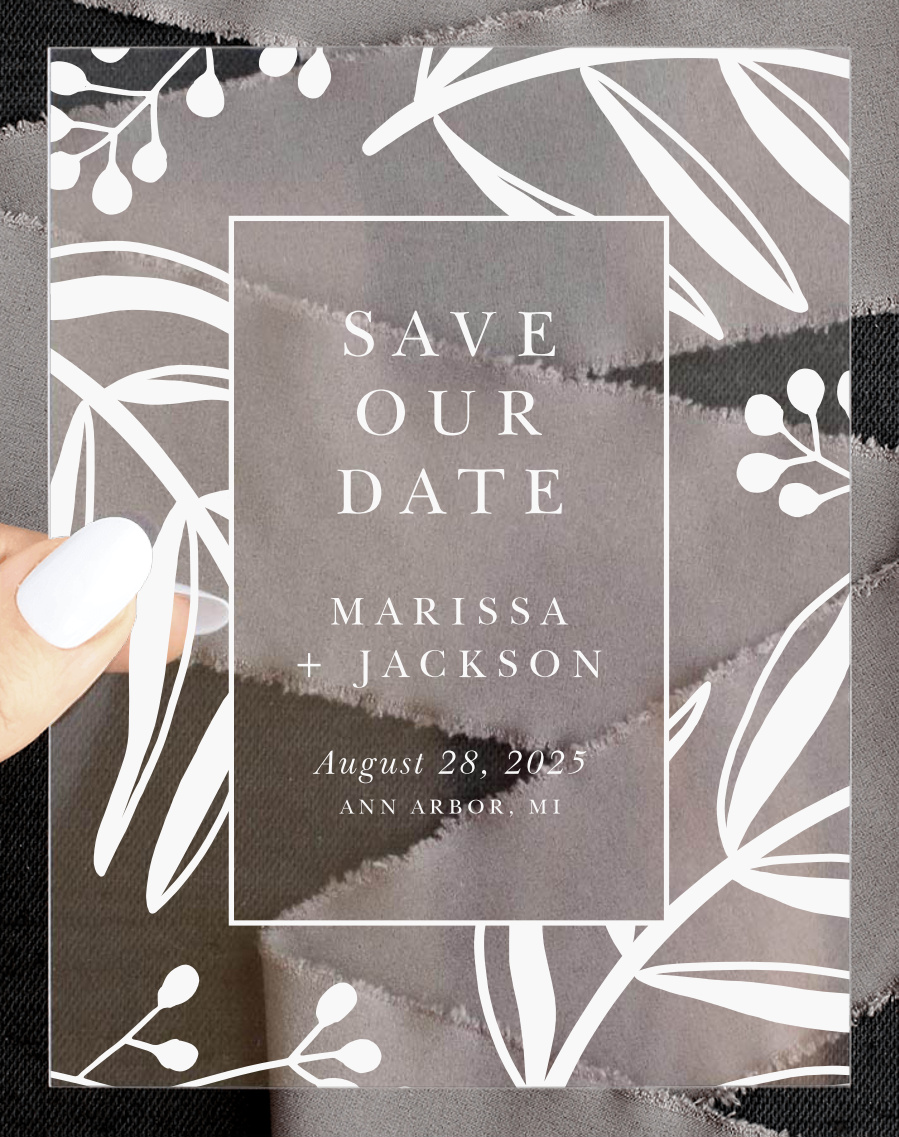 Stamped Foliage Clear Save the Date Cards by Basic Invite