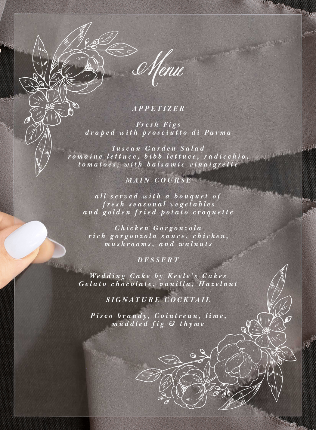 Fine Florals Clear Wedding Menus by Basic Invite