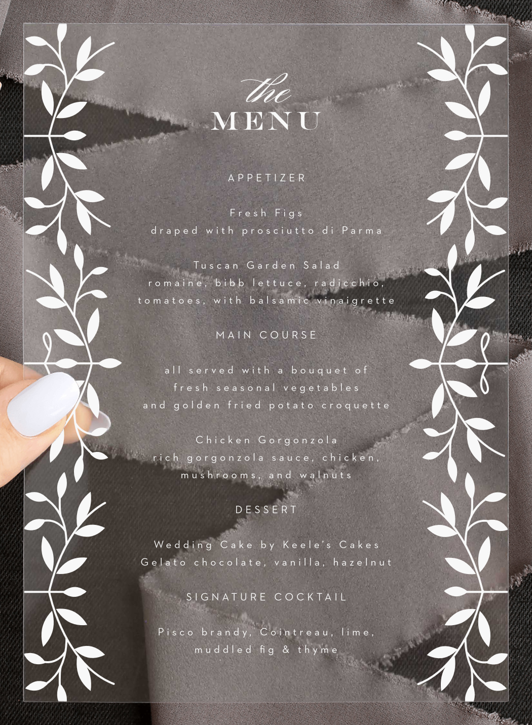 Laced in Laurels Clear Wedding Menus by Basic Invite