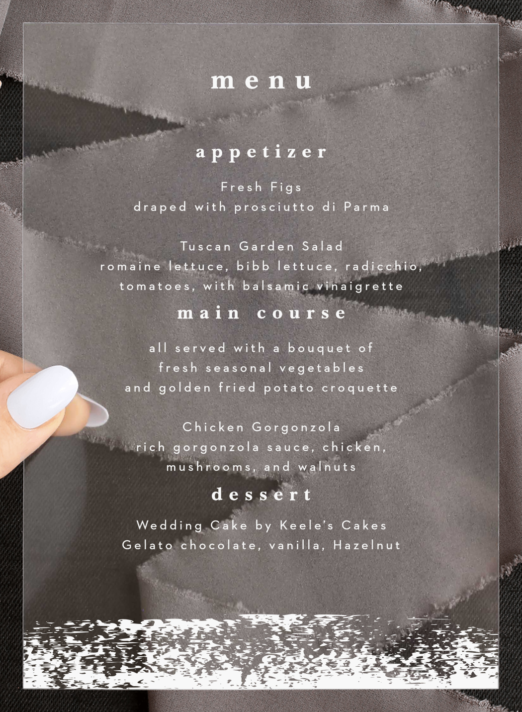 Brushstroke Corners Clear Wedding Menus by Basic Invite