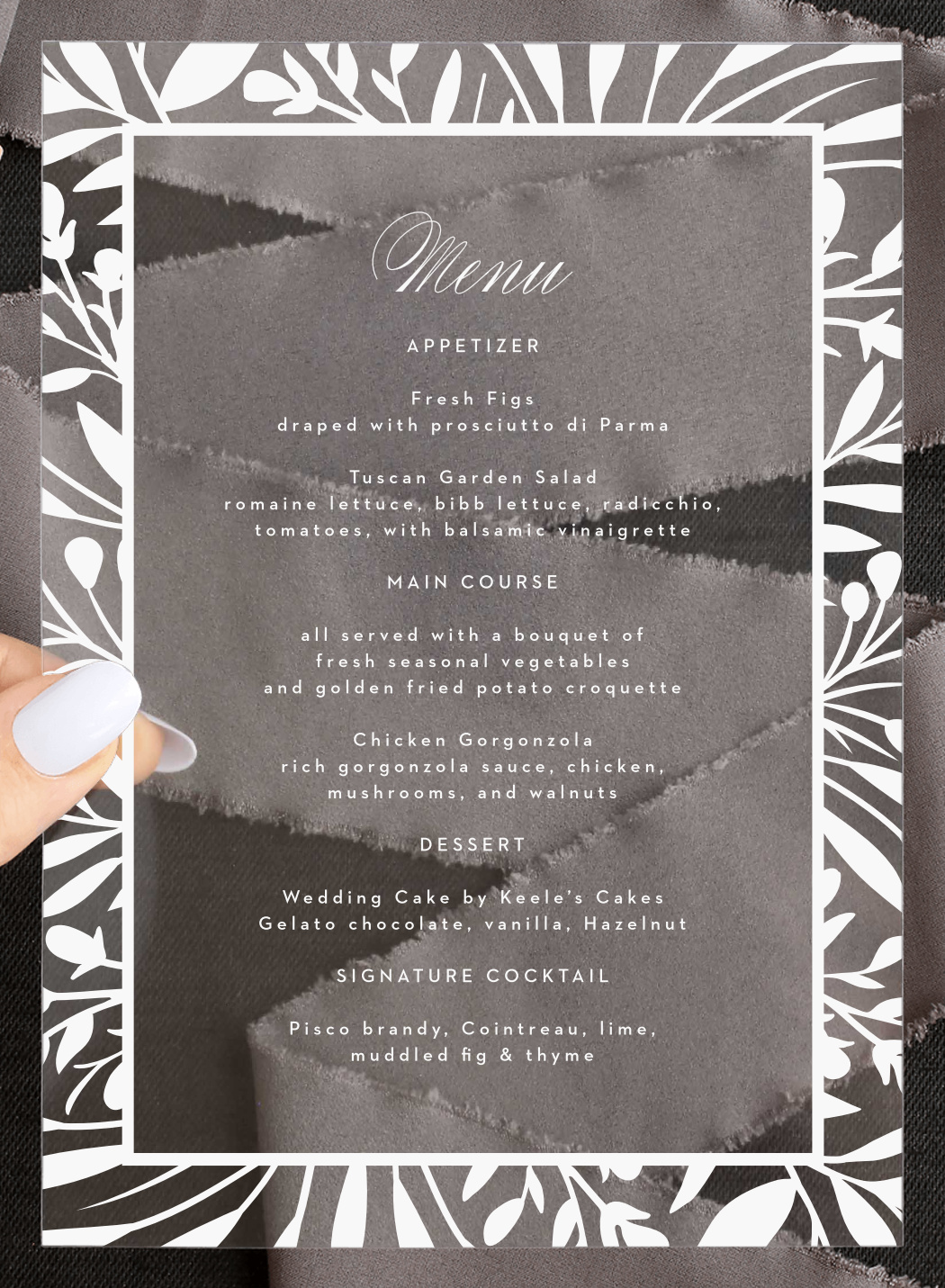 Botanical Burst Clear Wedding Menus by Basic Invite