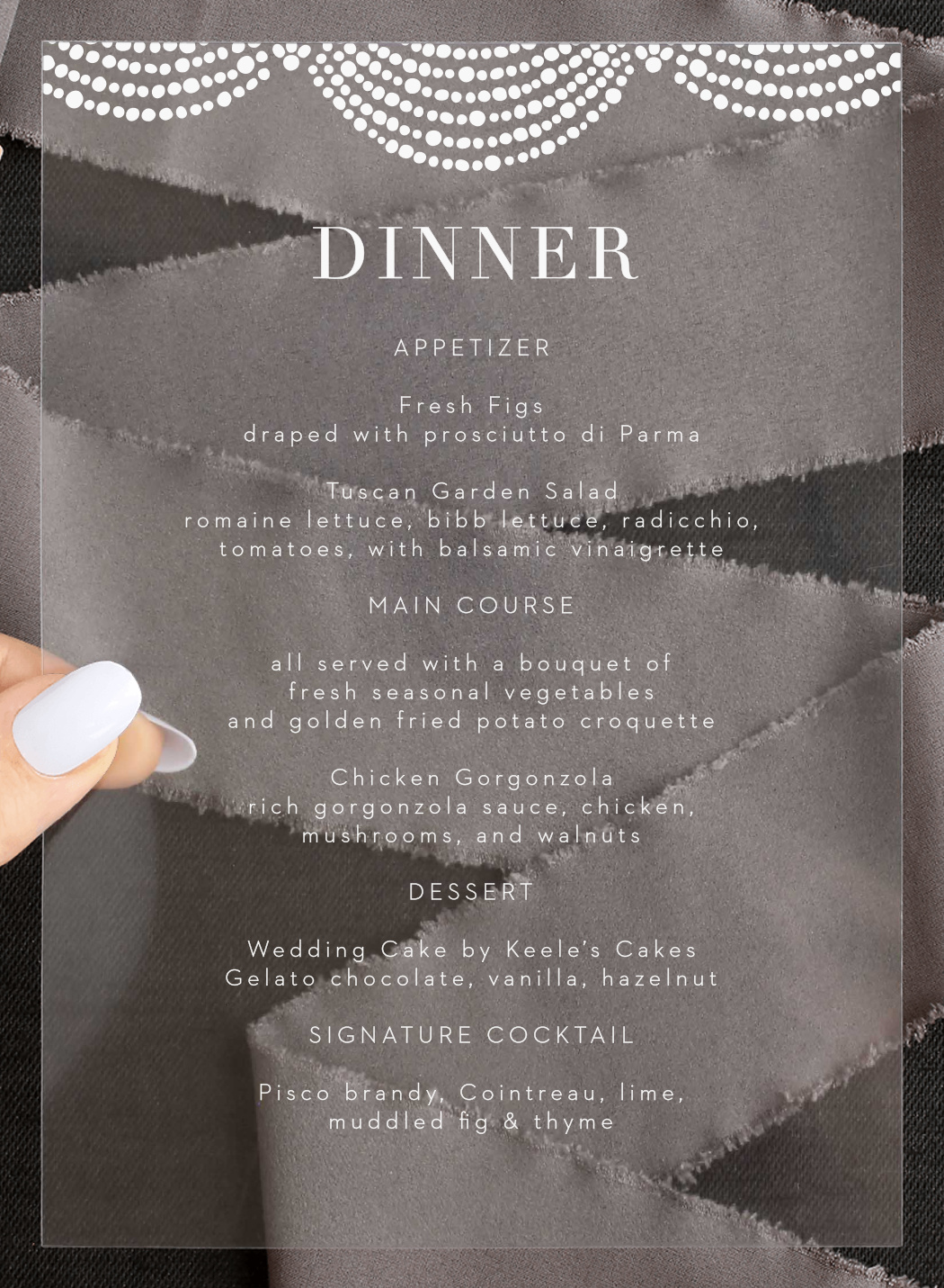 Dotted Border Clear Wedding Menus by Basic Invite