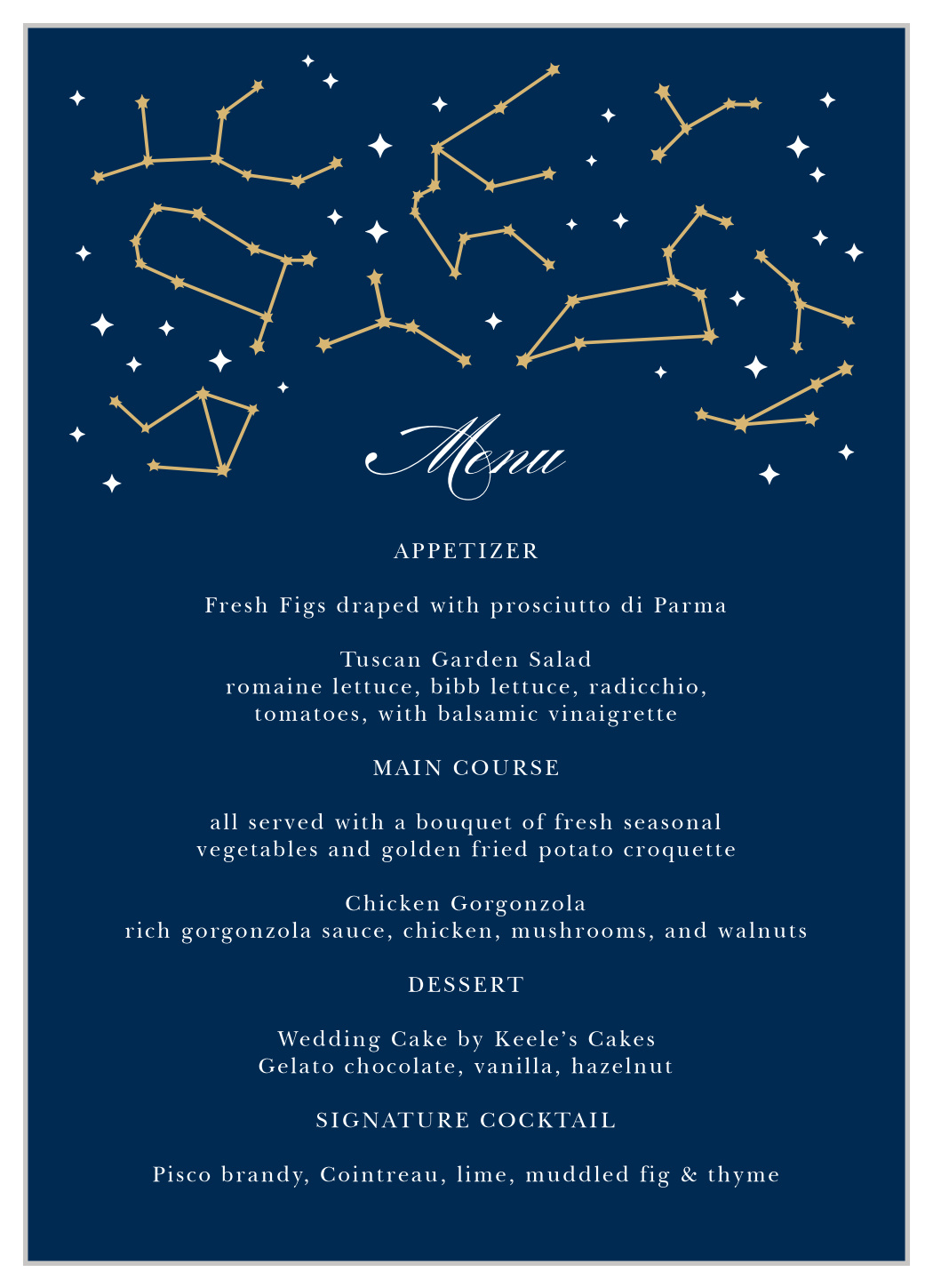 Classic Constellation Foil Wedding Menus by Basic Invite