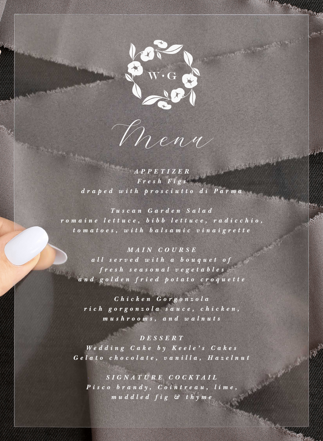 Graphic Wreath Clear Wedding Menus by Basic Invite