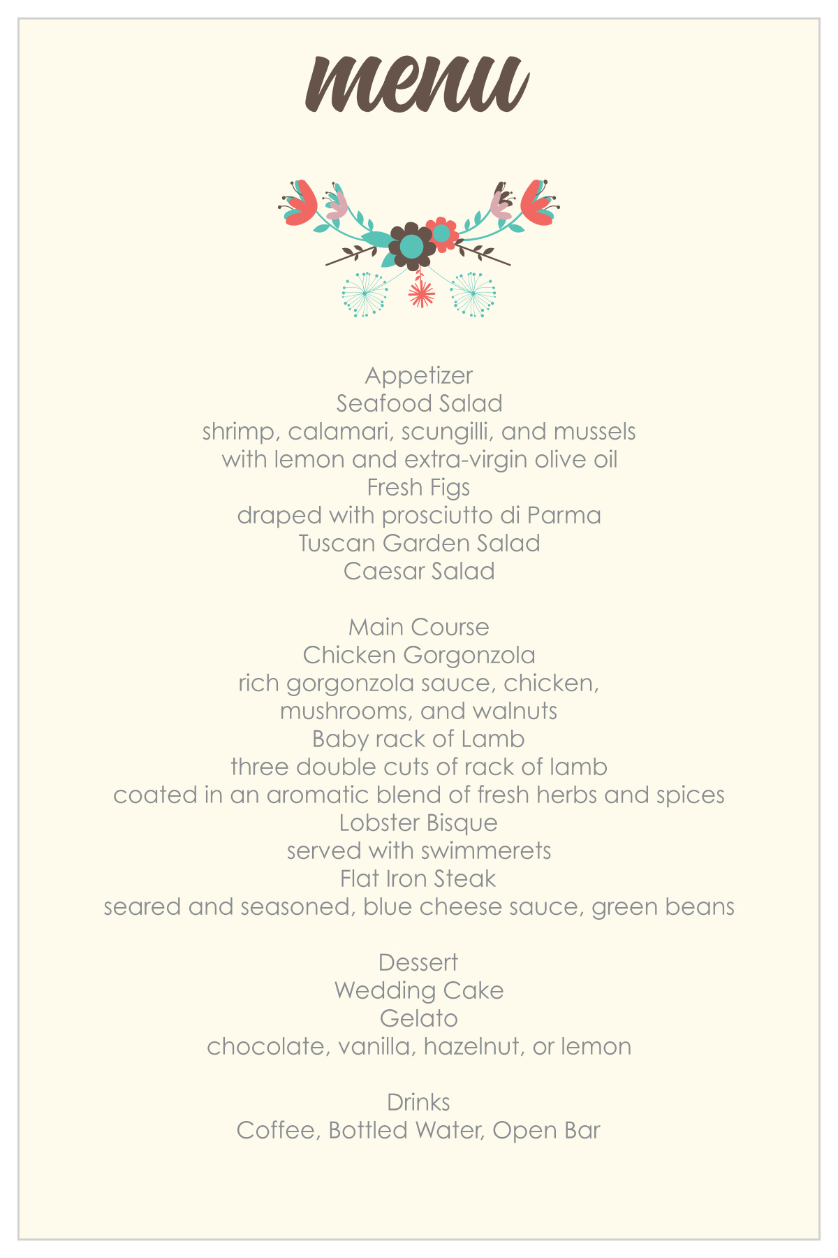 Flowering Frame Wedding Menu
