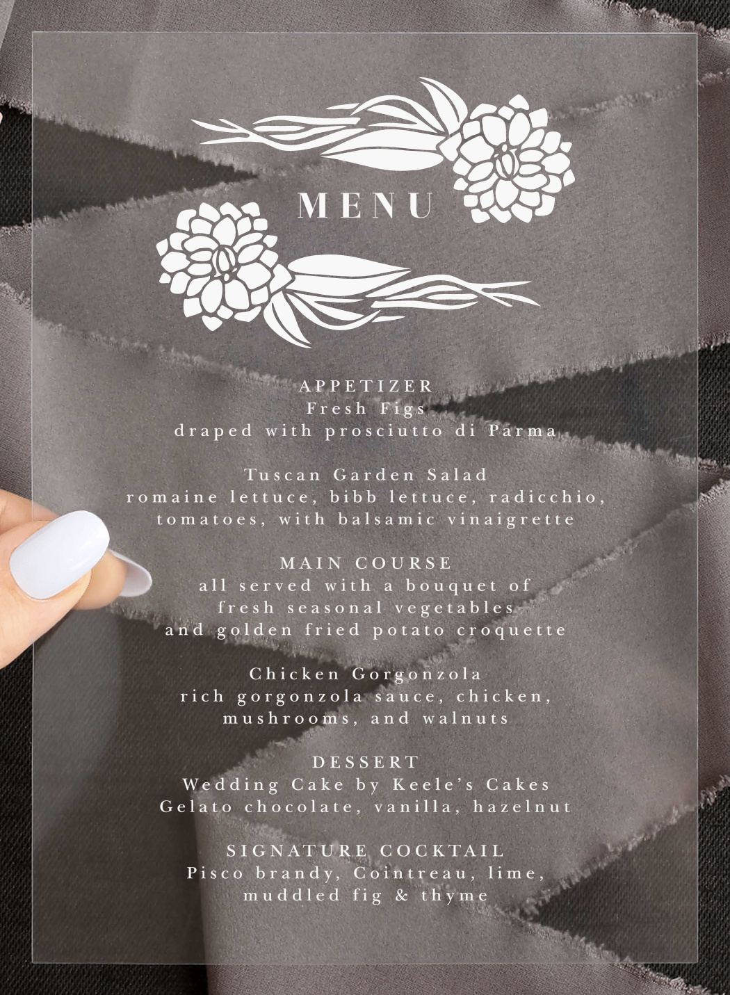 Rich Florals Clear Wedding Menus by Basic Invite