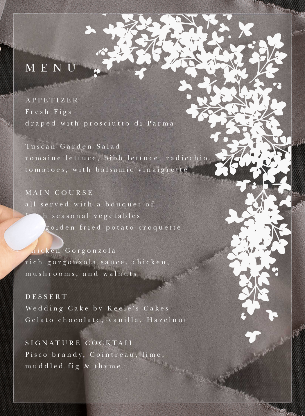 Botanical Arch Clear Wedding Menus by Basic Invite