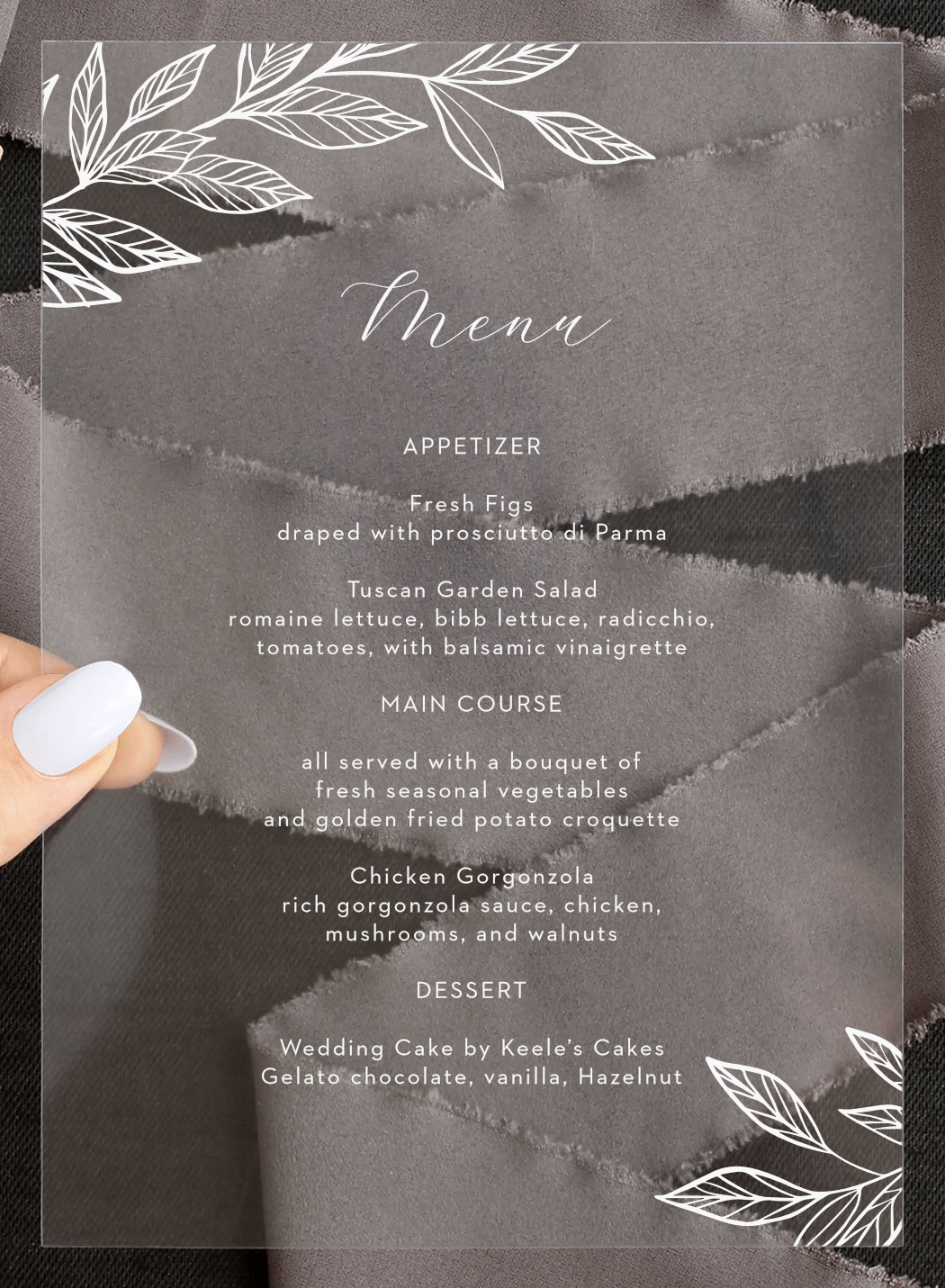 Wispy Leaves Clear Wedding Menus by Basic Invite