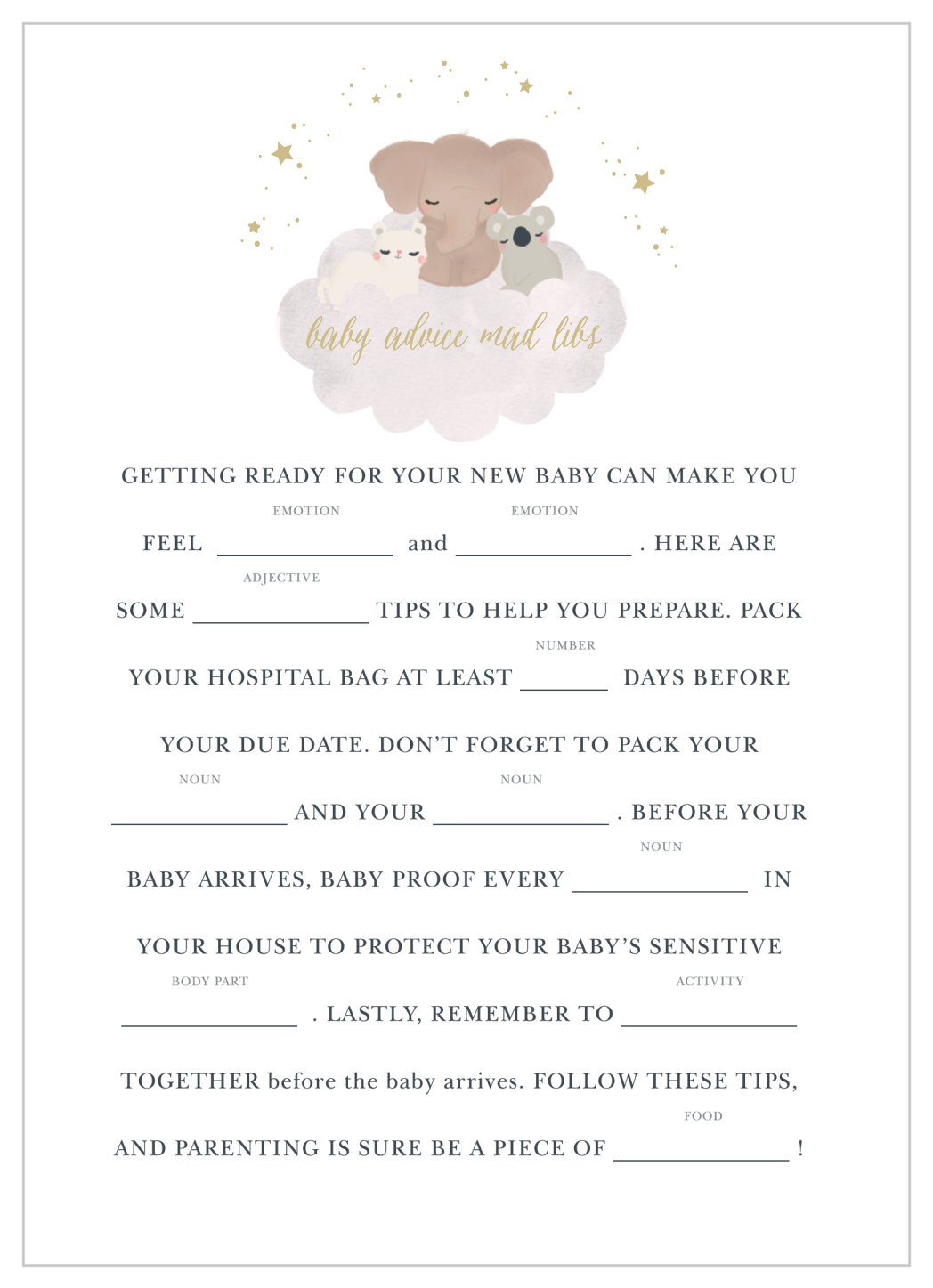 Starry Animals Baby Shower Mad Libs by Basic Invite
