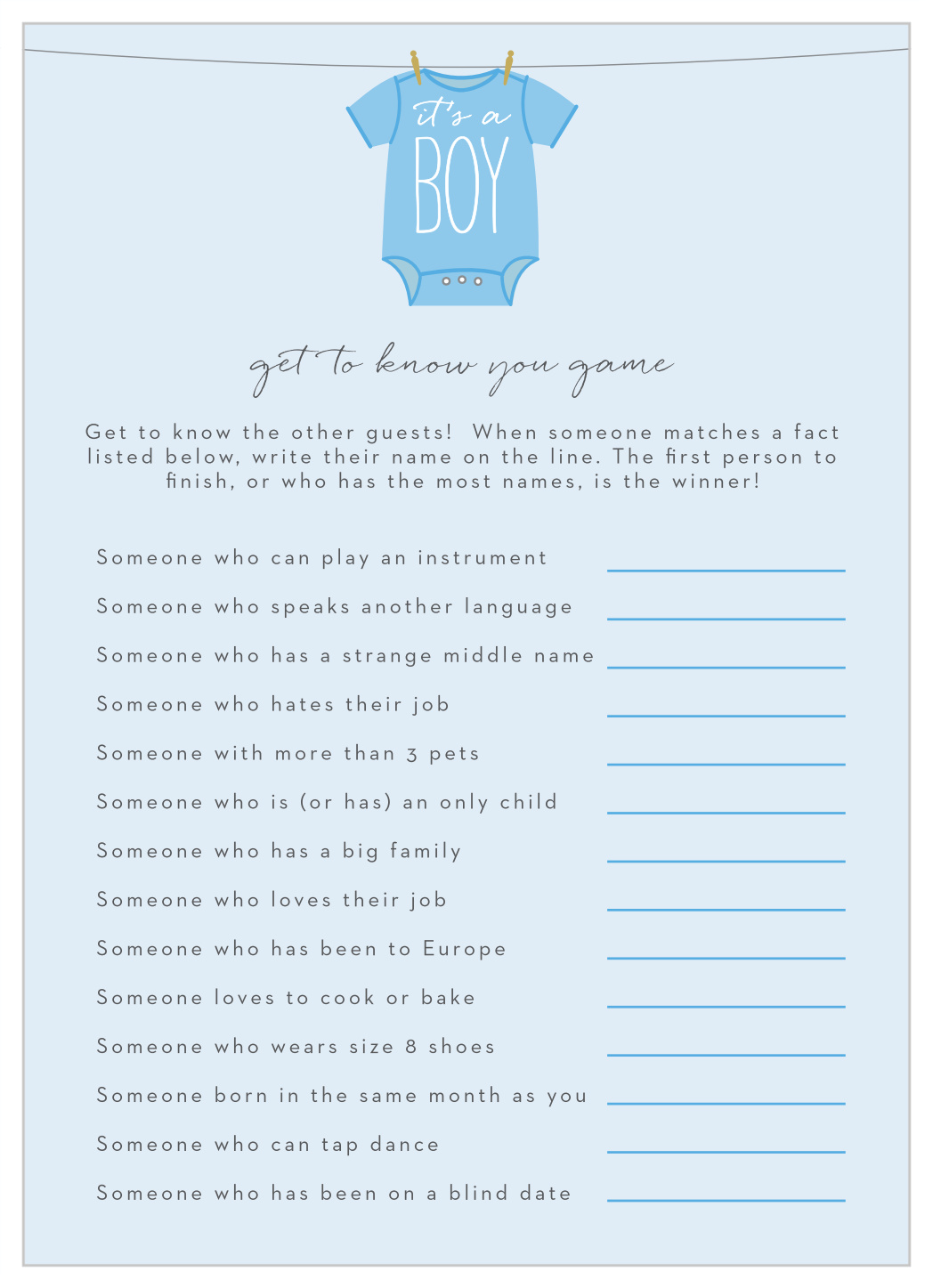 Boy Onesie Clothesline Get to Know You Game by Basic Invite